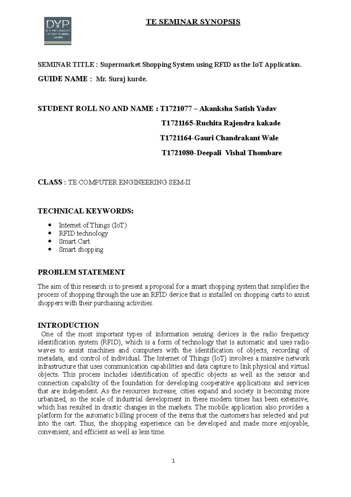 TE Seminar Synopsis GRP A19 - computer engg - StuDocu