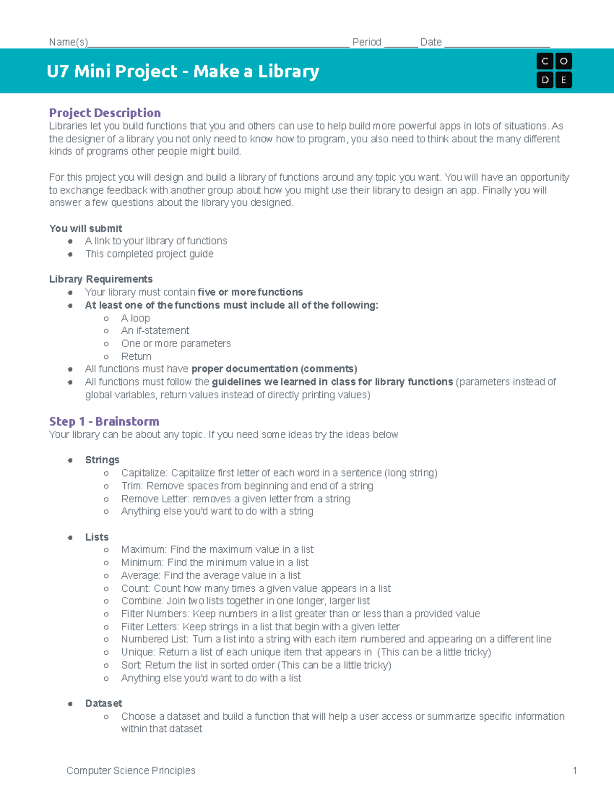 Make a library - Name(s ...