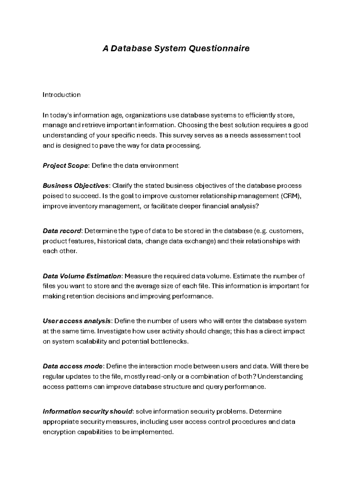 Database System Questionnaire - A Database System Questionnaire ...