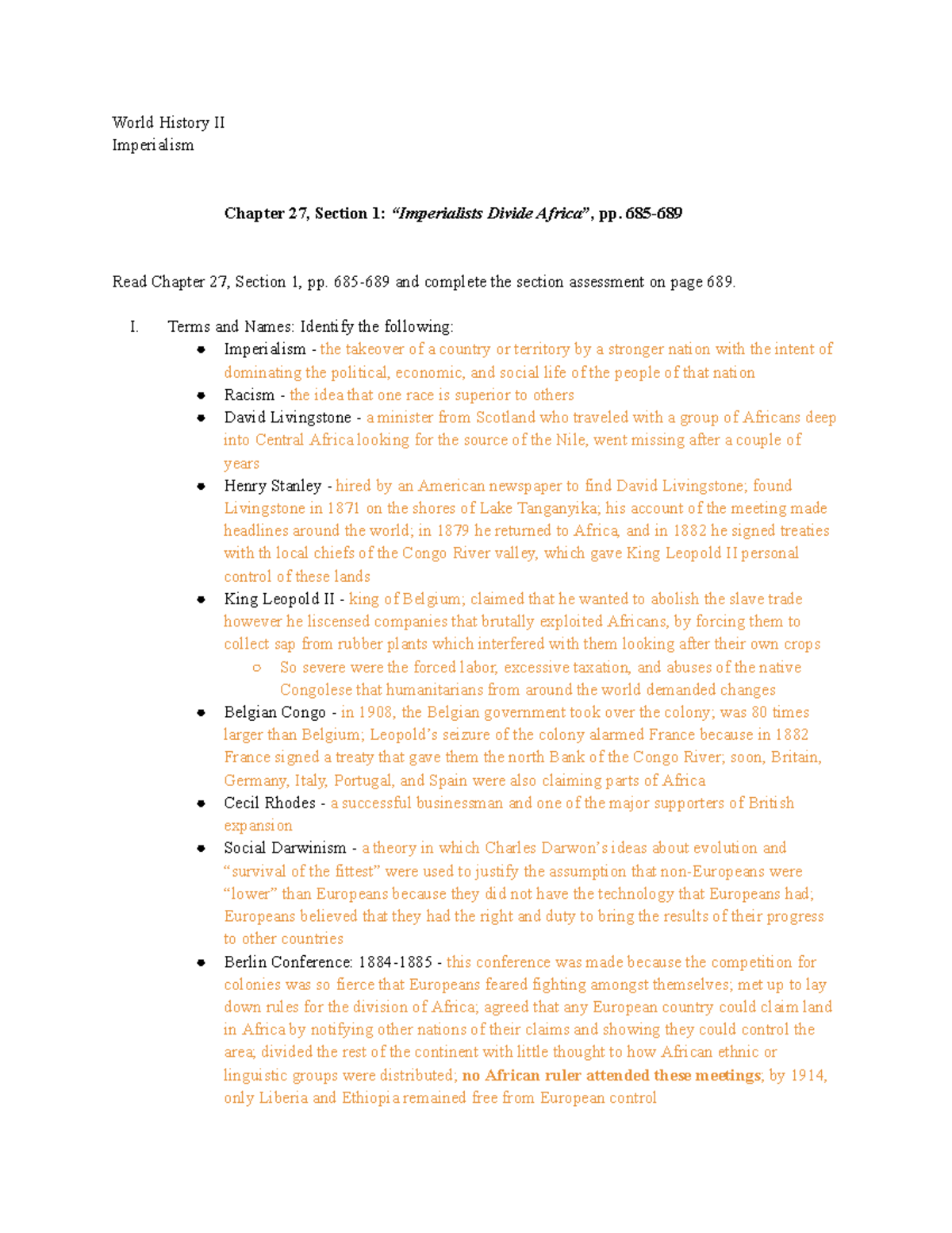 World History Patterns of Interaction - 27.1 Notes - Imperialists ...