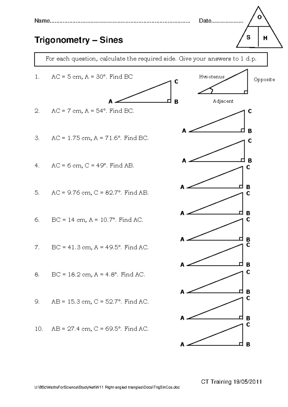 Trigonometry Sines Worksheet - Week 11 - - Studocu