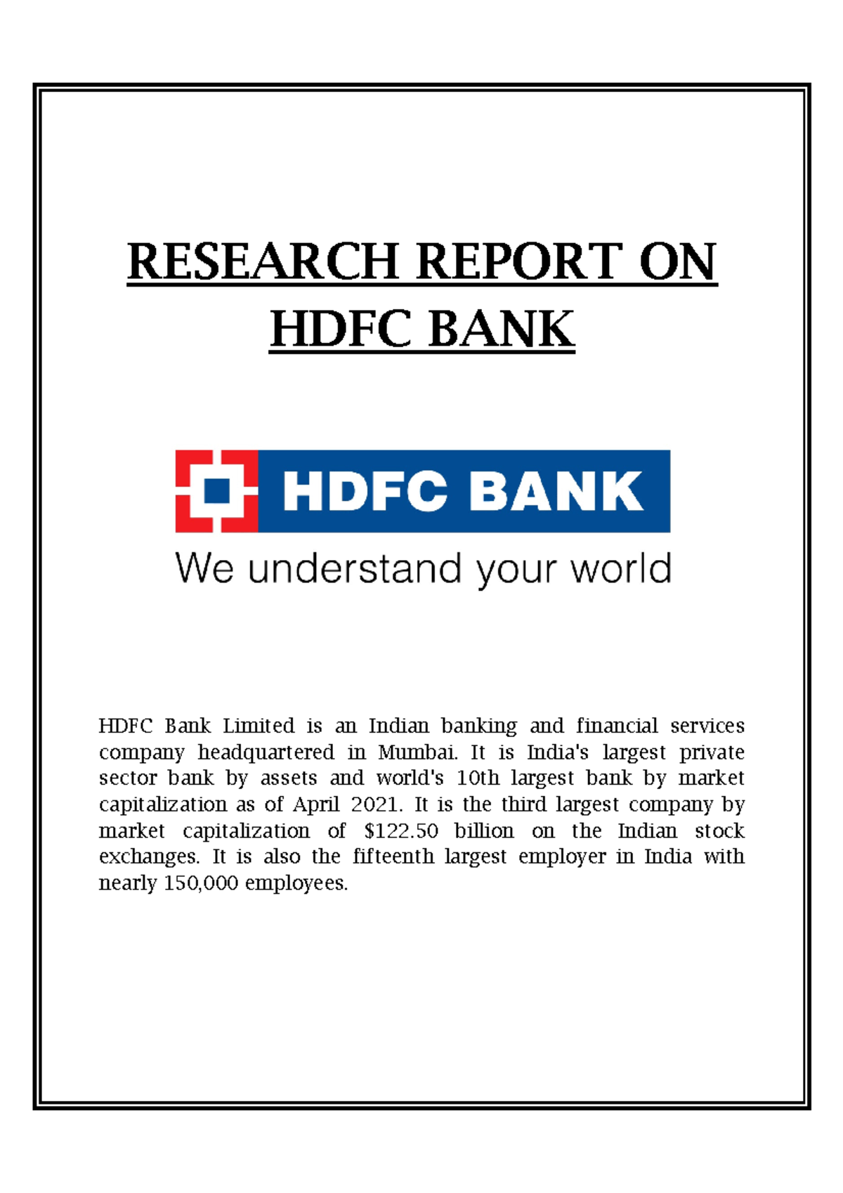 HDFC- Bankresearch-Report - RESEARCH REPORT ON HDFC BANK HDFC Bank ...
