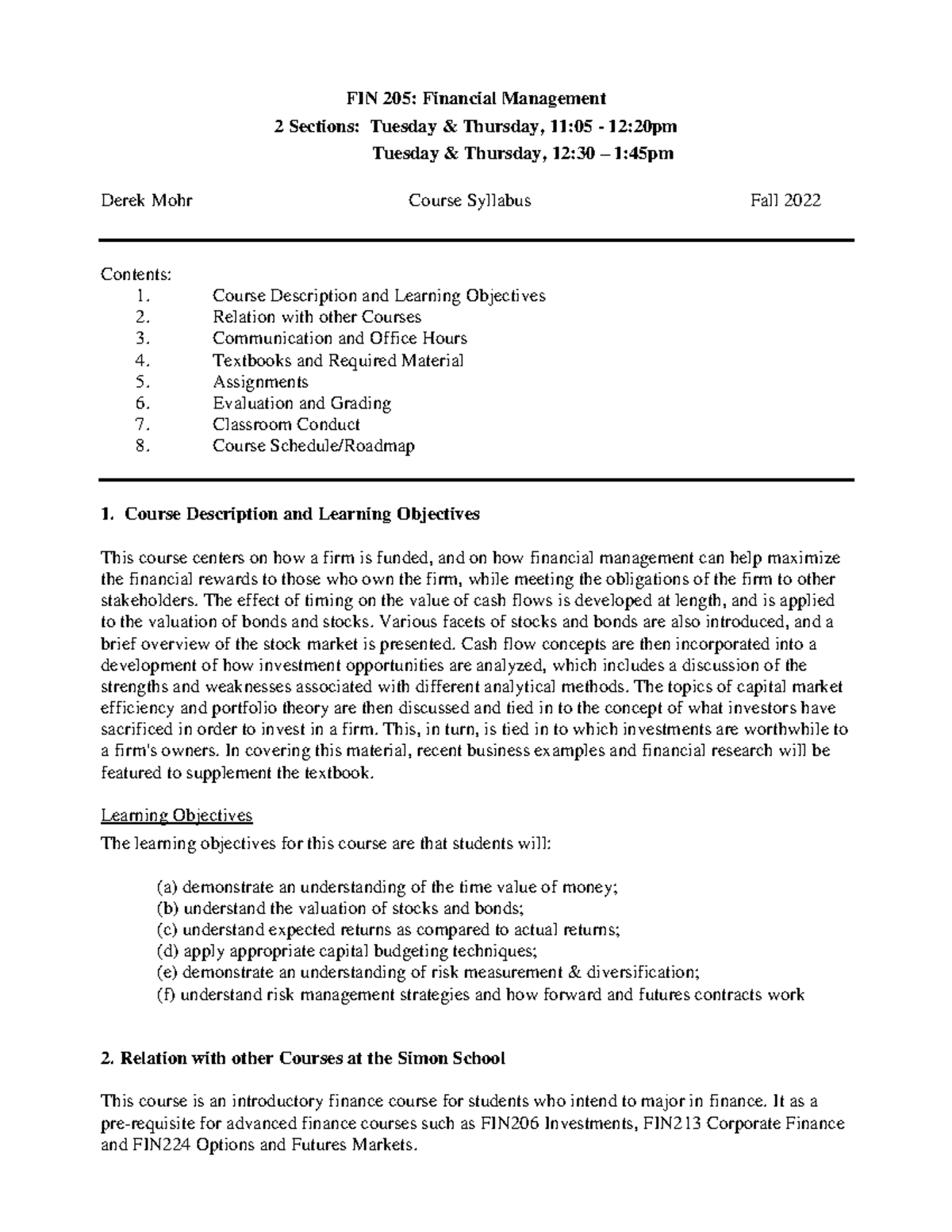 FIN 205 Syllabus - Fall 2022 - FIN 205 : Financial Management 2 Sections: Tuesday & Thursday, 11 ...