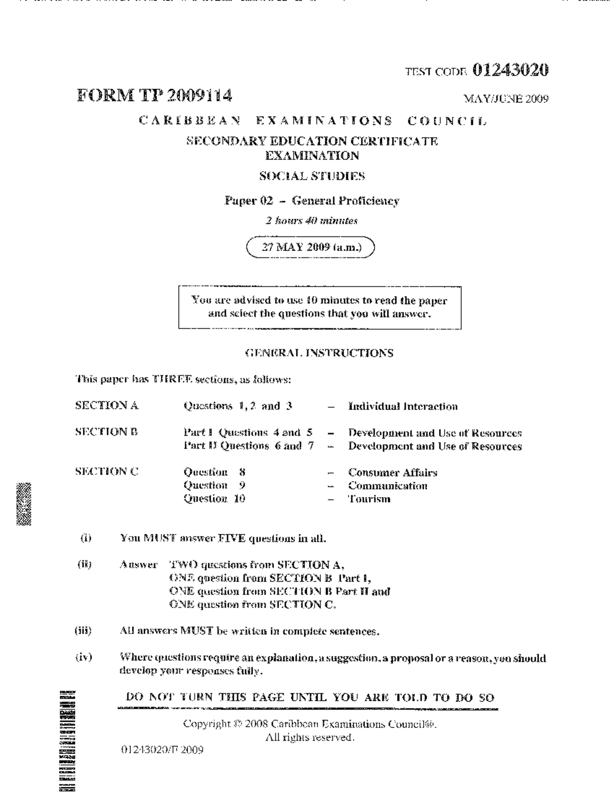 June 2009 p2 - Social past paper - TEST CODE OI243O2O FORM TP 2009114 ...