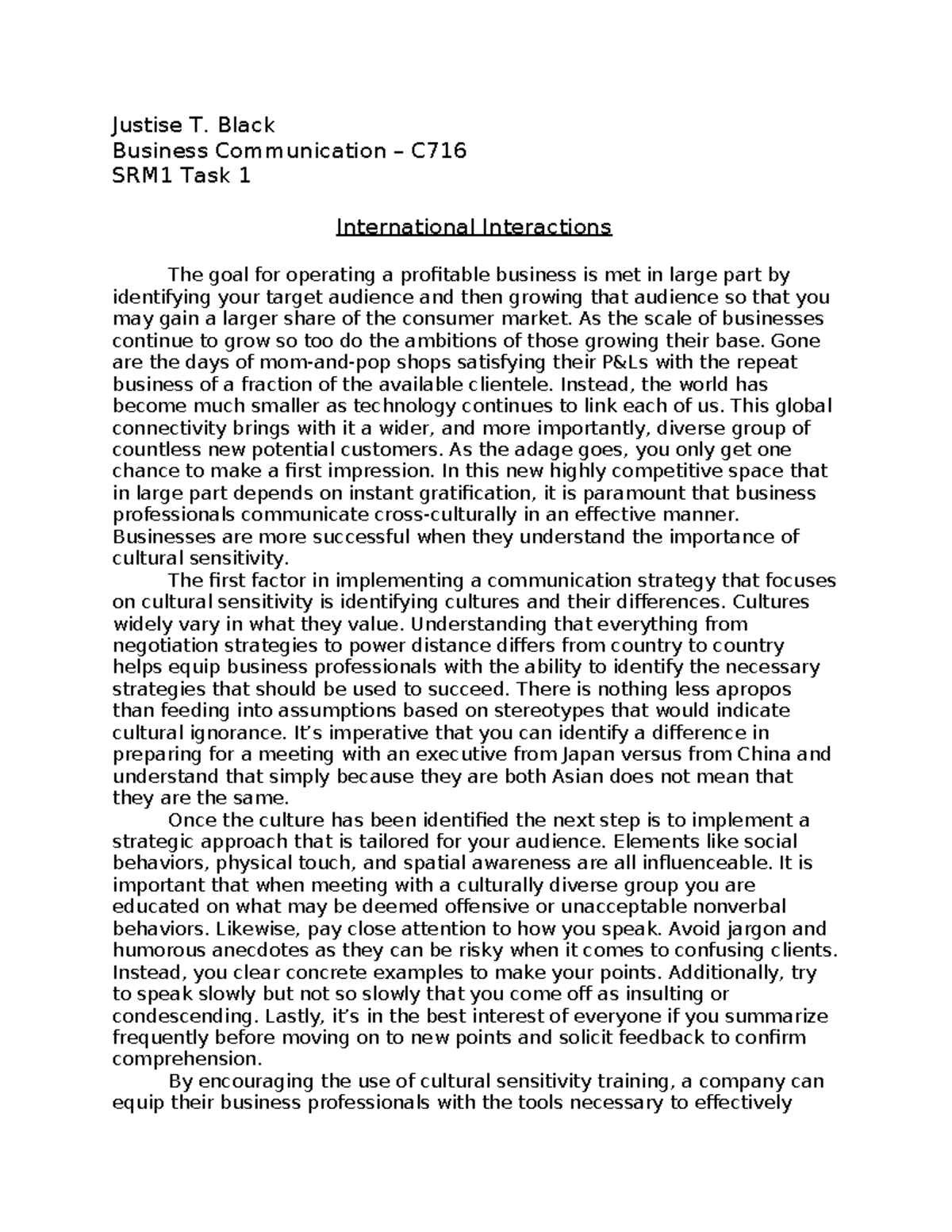 WGU SRM1 Task 1 - Justise T. Black Business Communication – C SRM1 Task ...