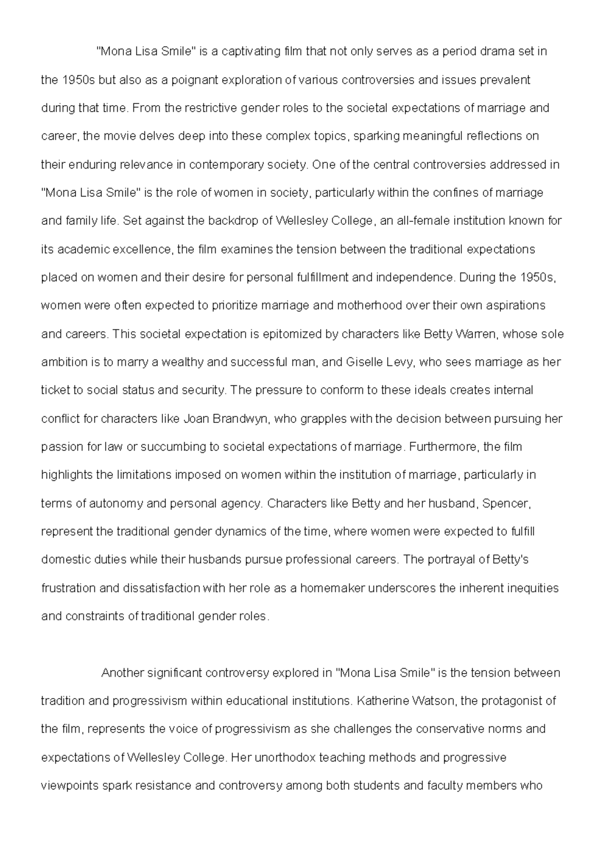 Essay - HFDHF - "Mona Lisa Smile" is a captivating film that not only ...