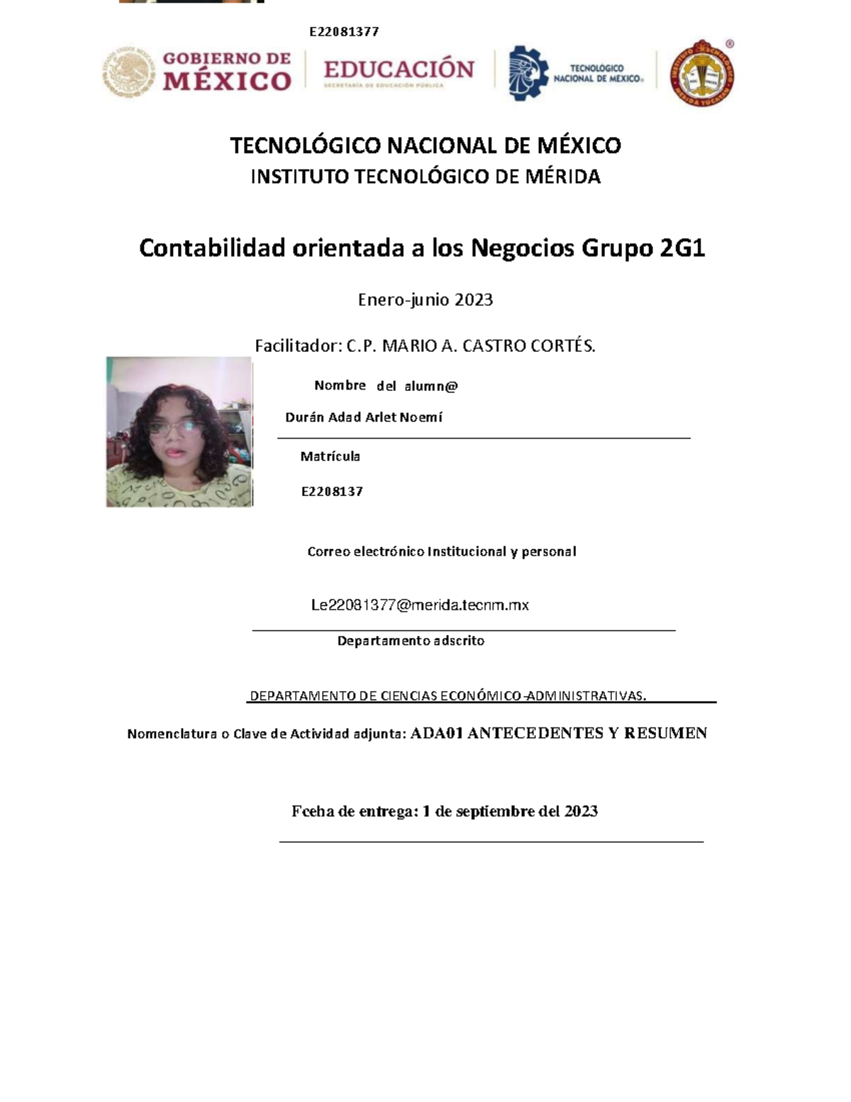 ADA 01 Antecedentes Y Resumen Arlet Duran - TECNOL”GICO NACIONAL DE M ...