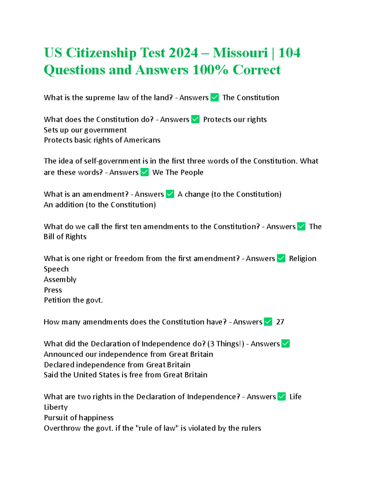US Citizenship Test 2024 – Missouri 104 Questions and Answers 100% ...