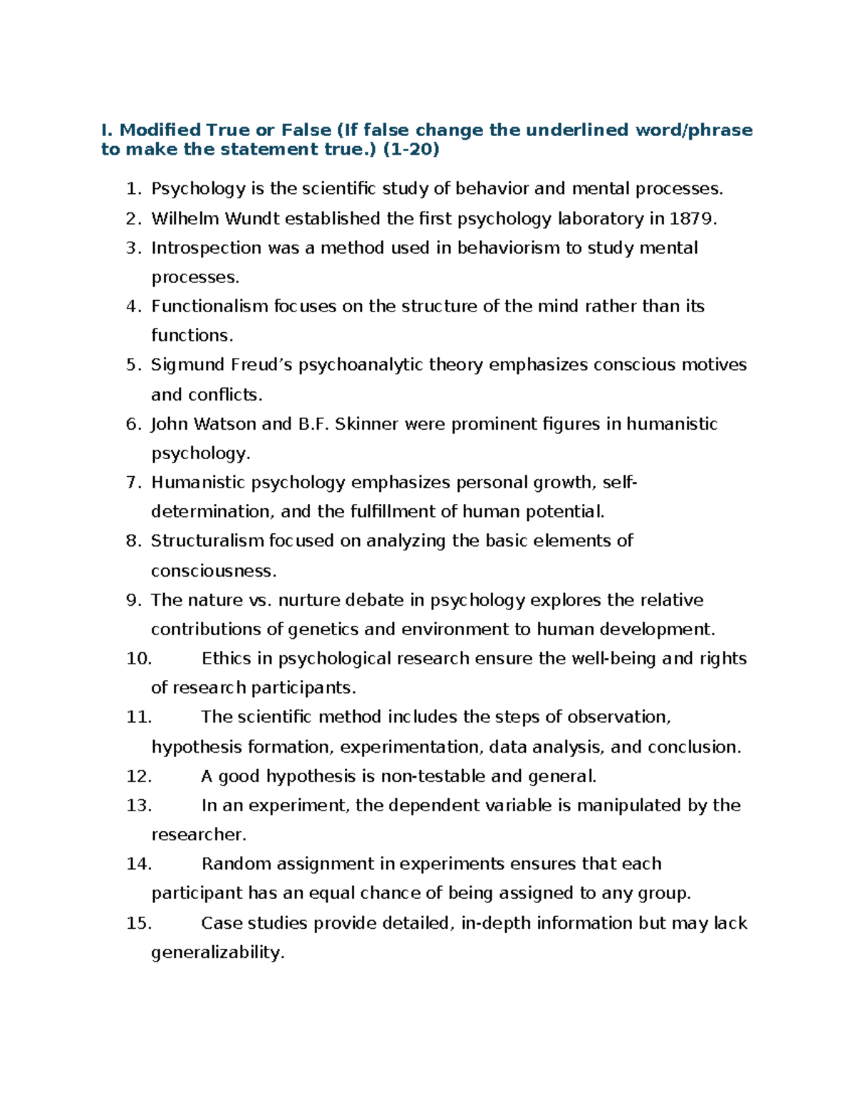 Sample Quiz for the course - I. Modified True or False (If false change ...