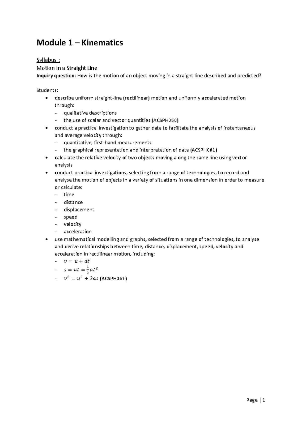 Physics Module 1 Revision notes - Module 1 – Kinematics Syllabus ...