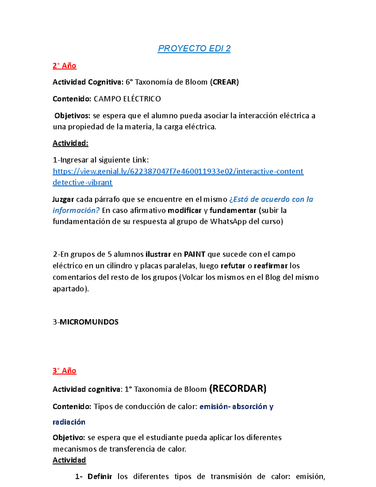 Proyecto EDI 1- Mariela - PROYECTO EDI 2 2° Año Actividad Cognitiva: 6° Taxonomía de Bloom ...