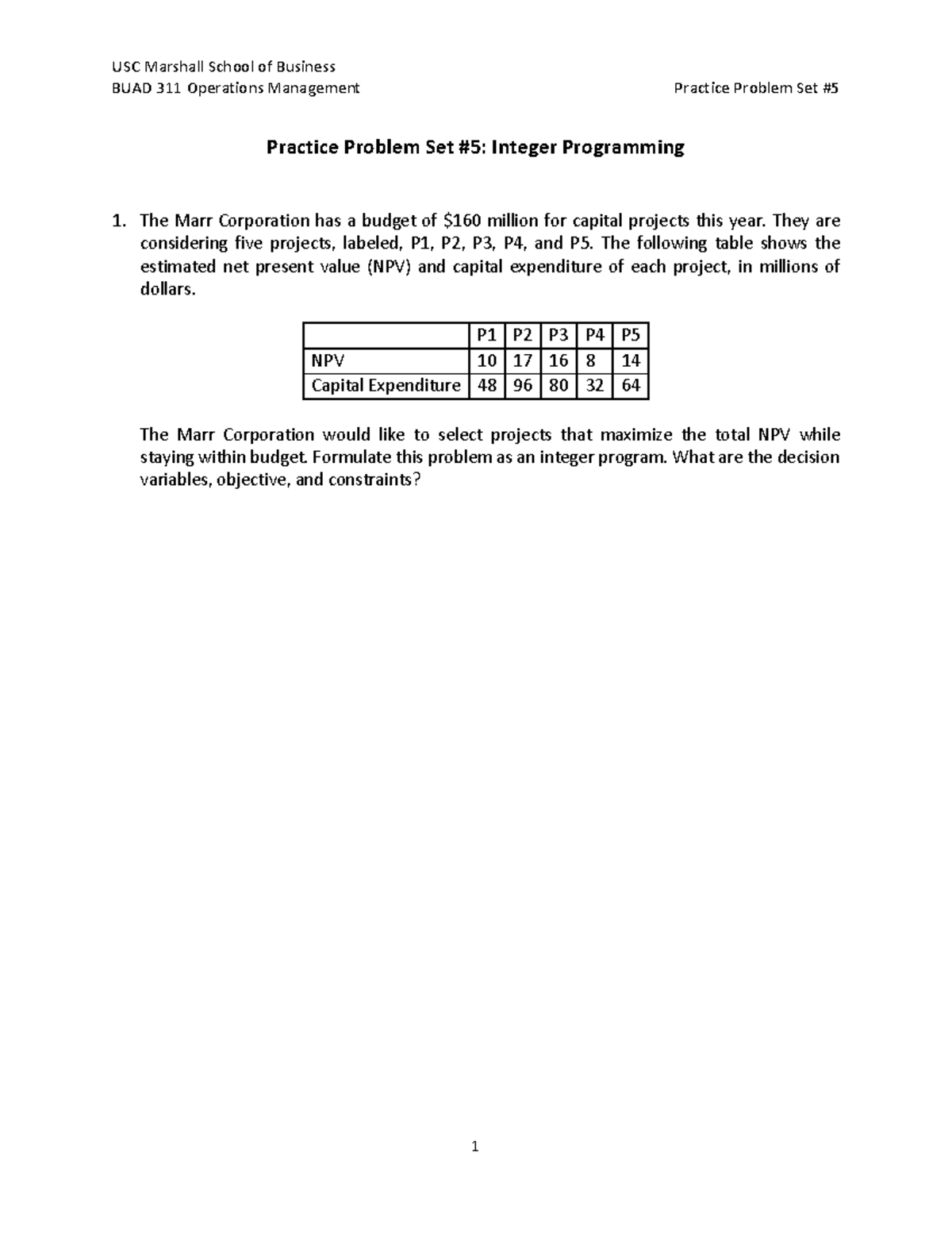 BUAD 311 Practice Problem Set 5 - USC Marshall School of Business BUAD ...
