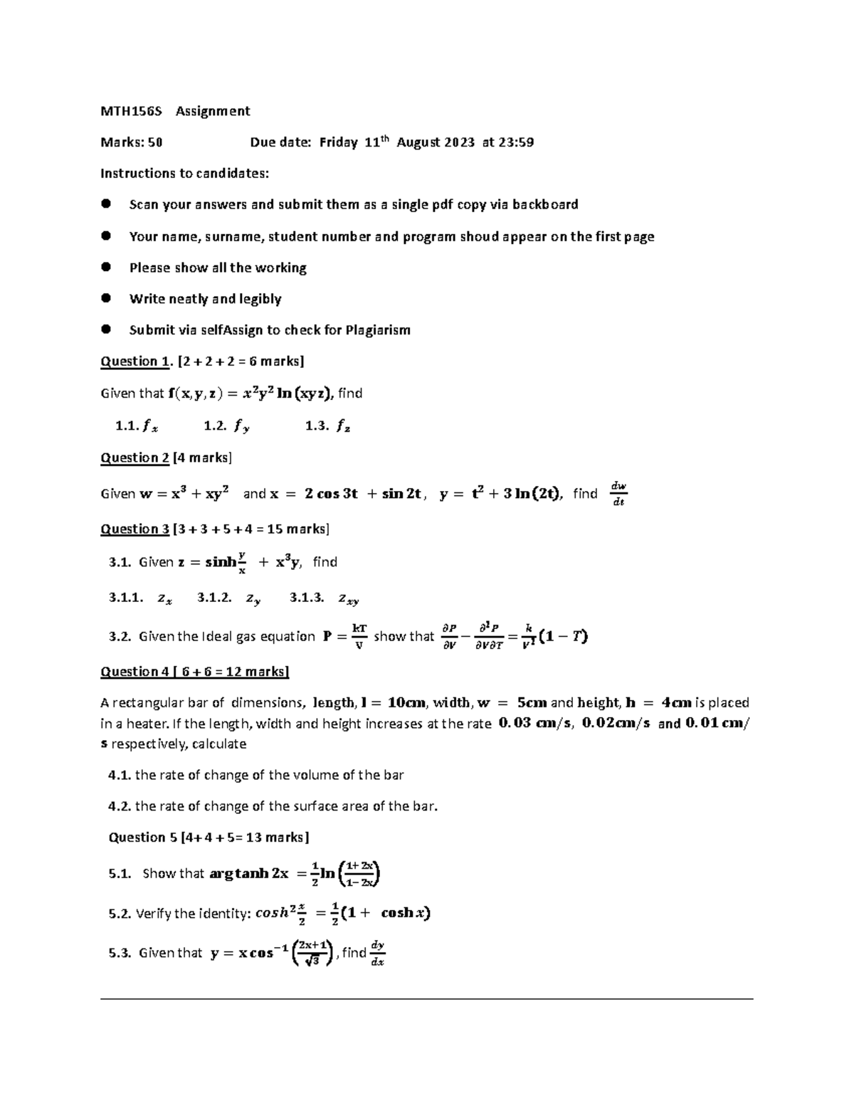 MTH156S Assignment on differentiation - MTH156S Assignment Marks: 50 Due date: Friday 11 th ...