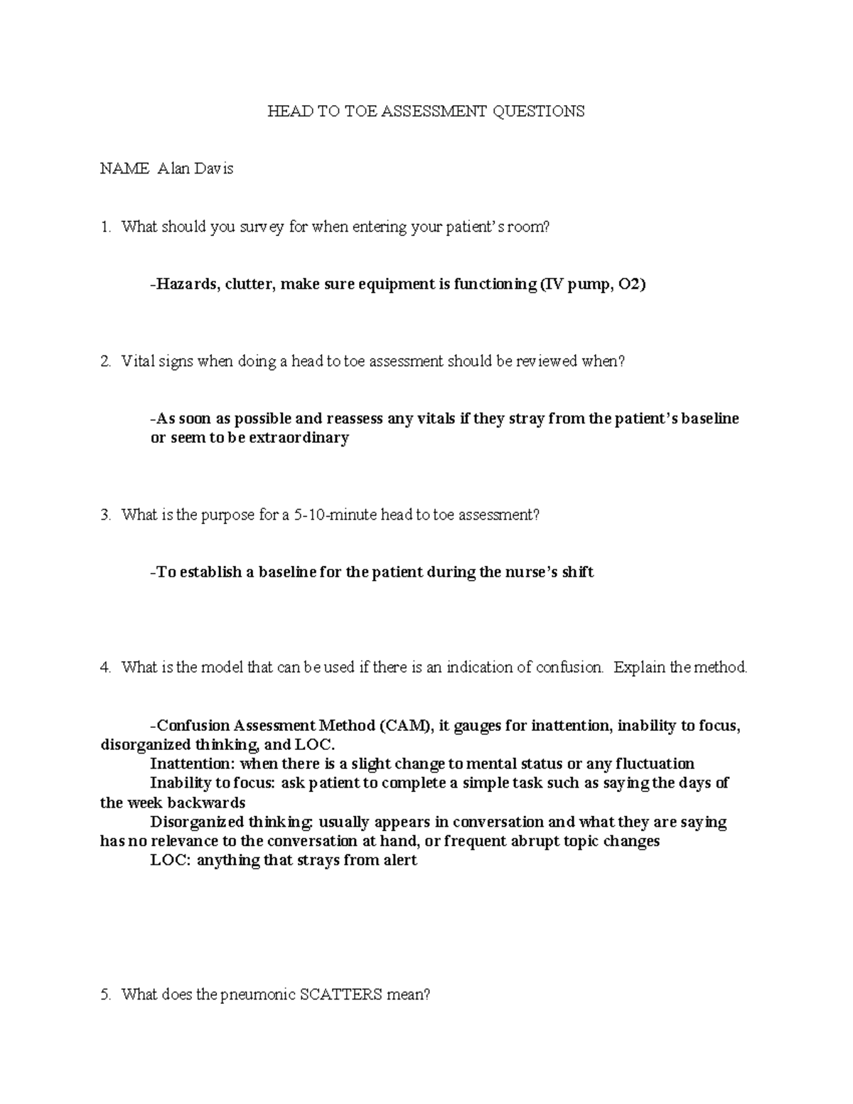 HEAD TO TOE Assessment Questions - HEAD TO TOE ASSESSMENT QUESTIONS ...