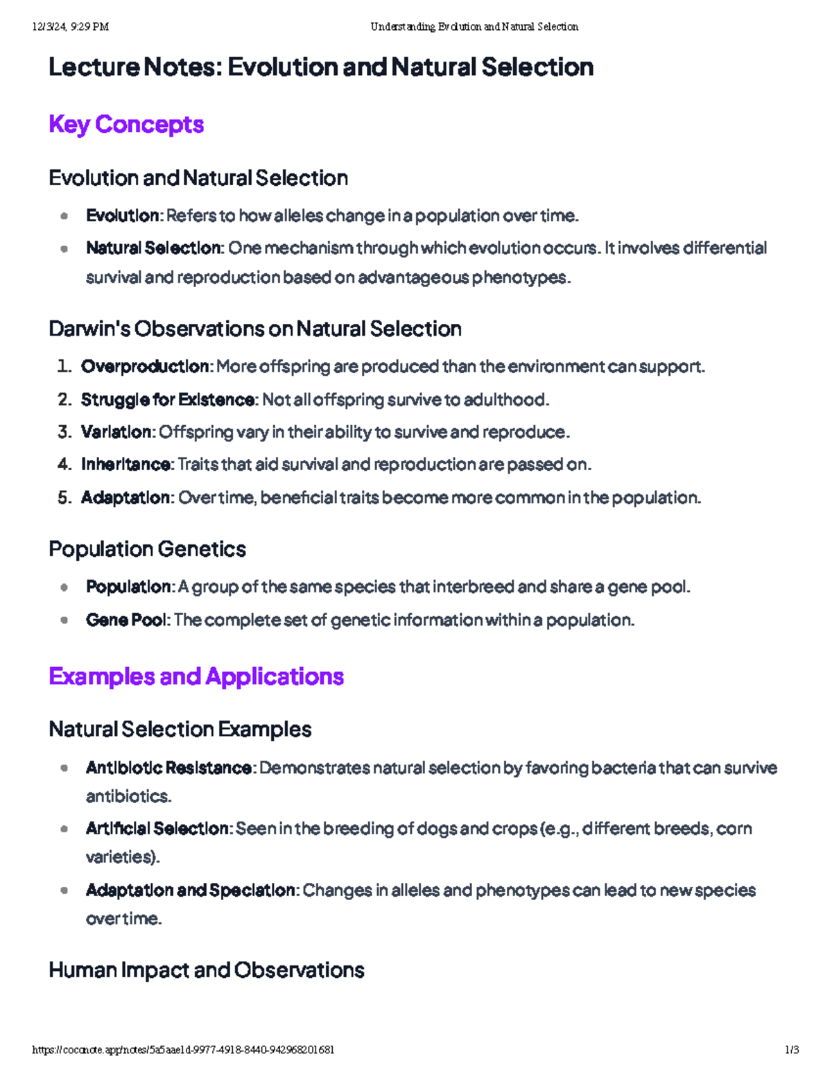 Understanding Evolution and Natural Selection - Lecture Notes ...