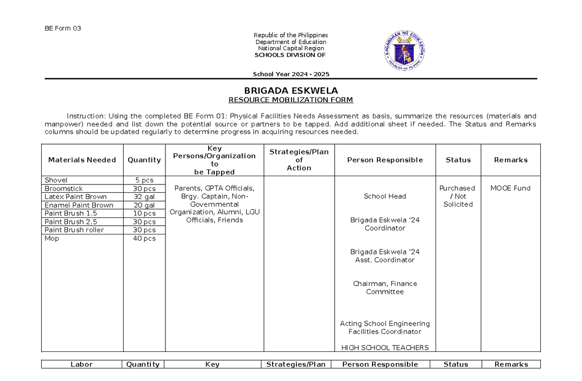 BE-Form 3 - BE FORM - BE Form 03 Republic of the Philippines Department of Education National ...