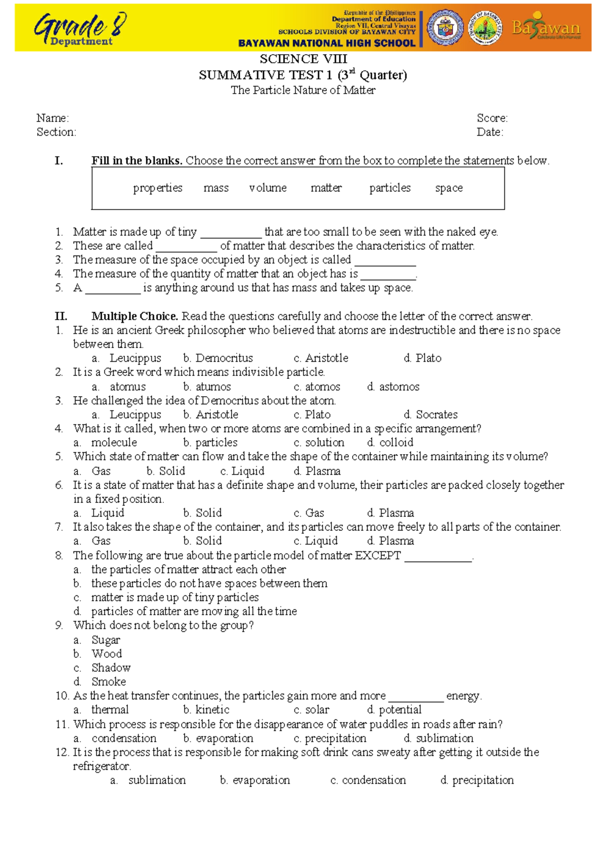 Summative Test 1 - SCIENCE VIII SUMMATIVE TEST 1 (3rd Quarter) The ...