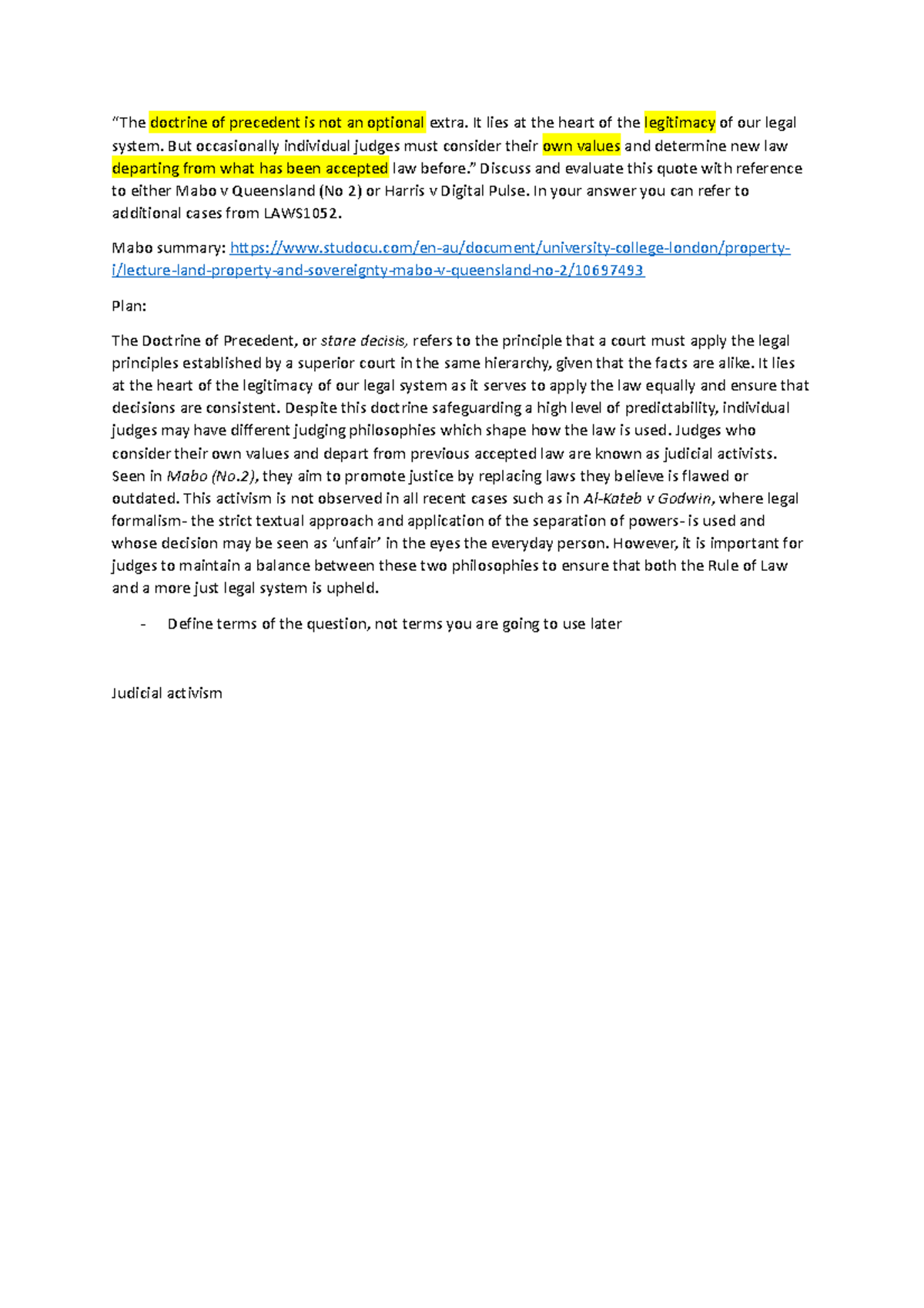 Precedent essay plan - “The doctrine of precedent is not an optional ...