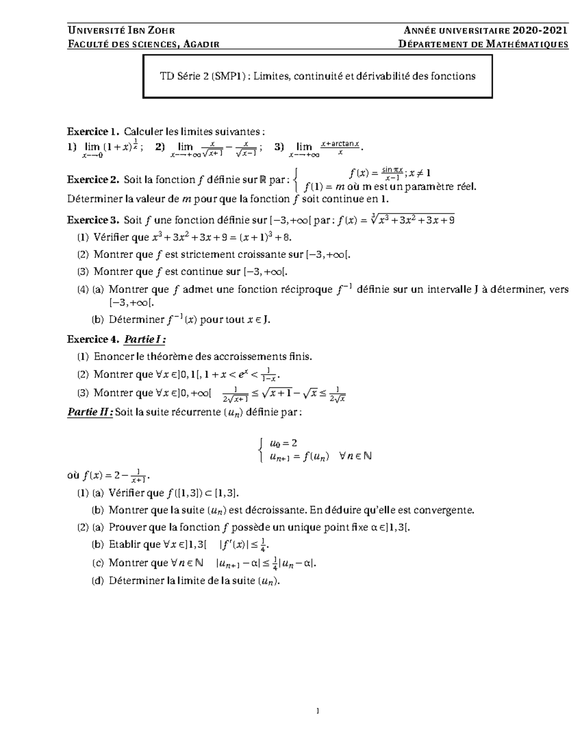 Exercices corrigés - Analyse 1 - UNIVERSITÉ IBN ZOHR ANNÉE ...