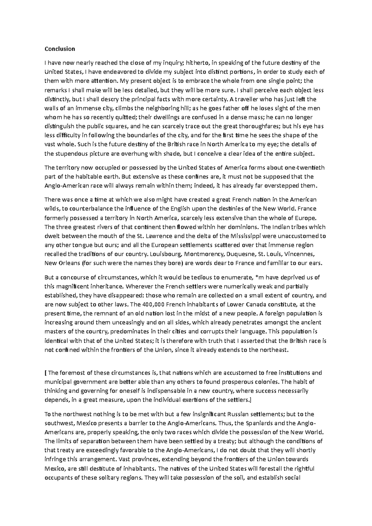 Conclusion democracy in america alexis de tocquevillle - Conclusion I ...