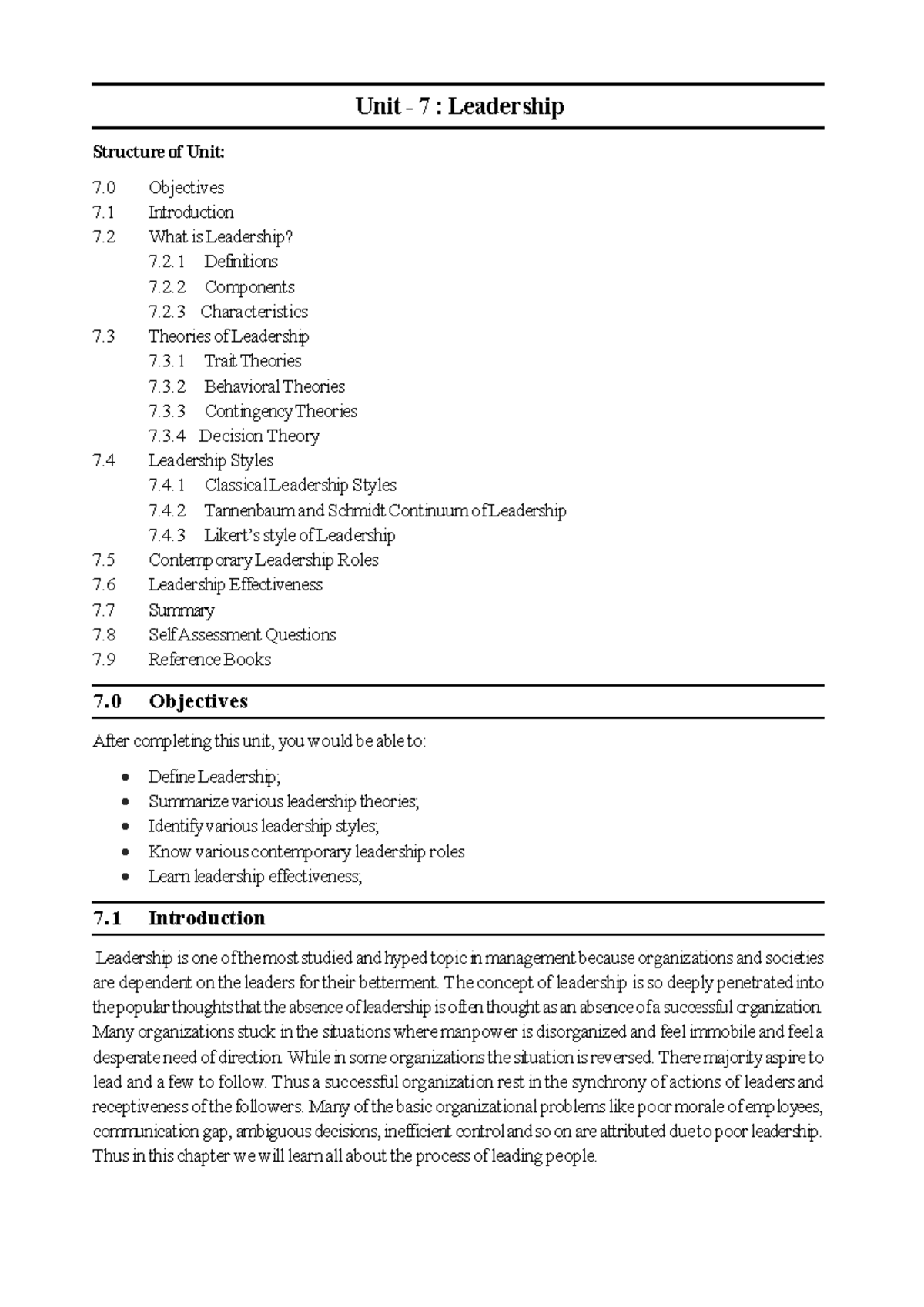 Leadership - lecture notes - Unit - 7 : Leadership Structure of Unit: 7 ...