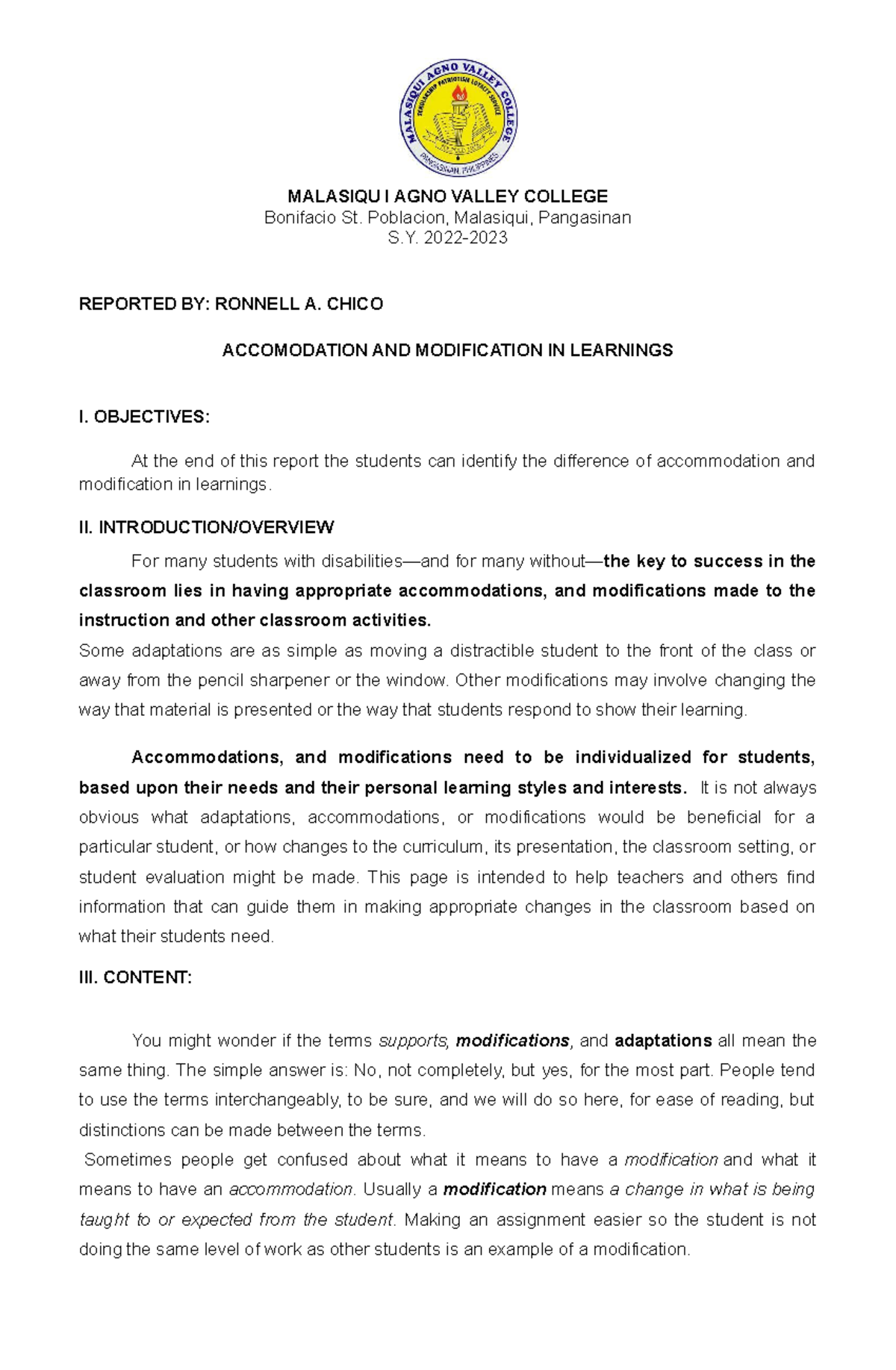 Accomodation Malasiqu I AGNO Valley College - MALASIQU I AGNO VALLEY ...