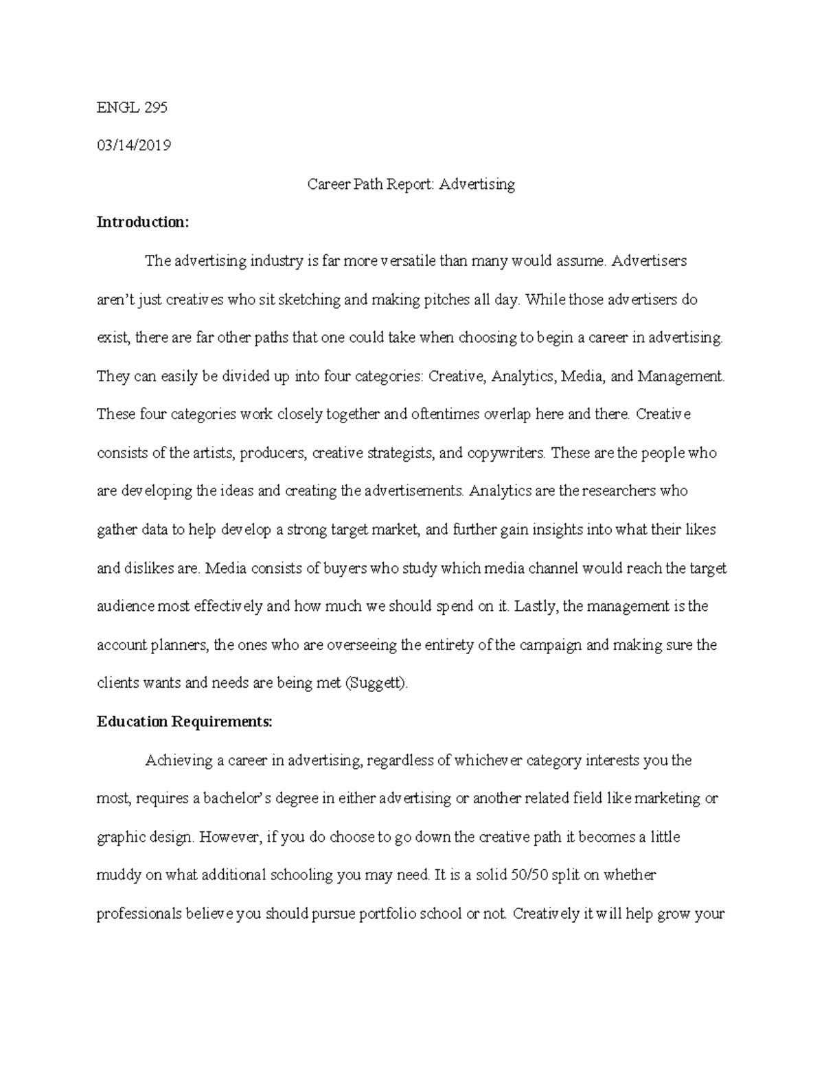 Career Path Report - ENGL 295 03/14/ Career Path Report: Advertising ...