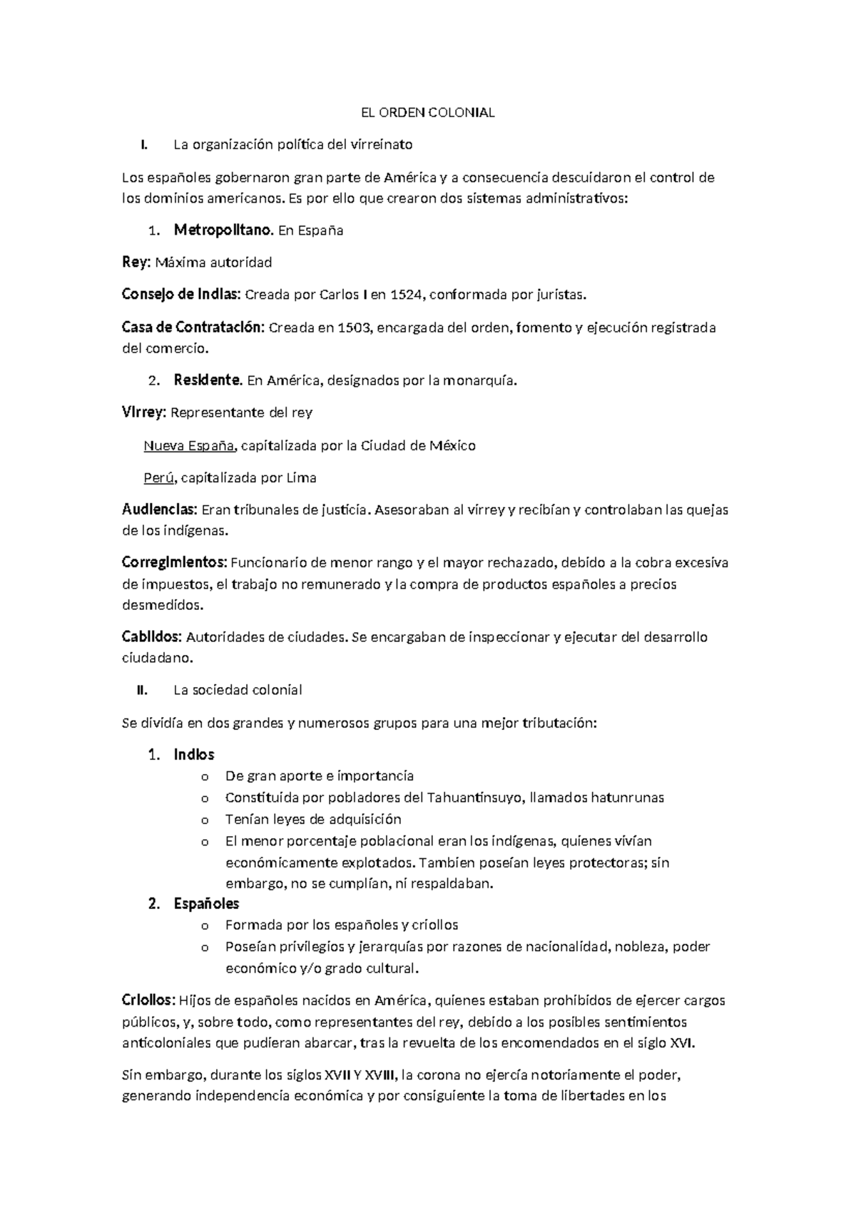 EL Orden Colonial - EL ORDEN COLONIAL I. La organización política del ...
