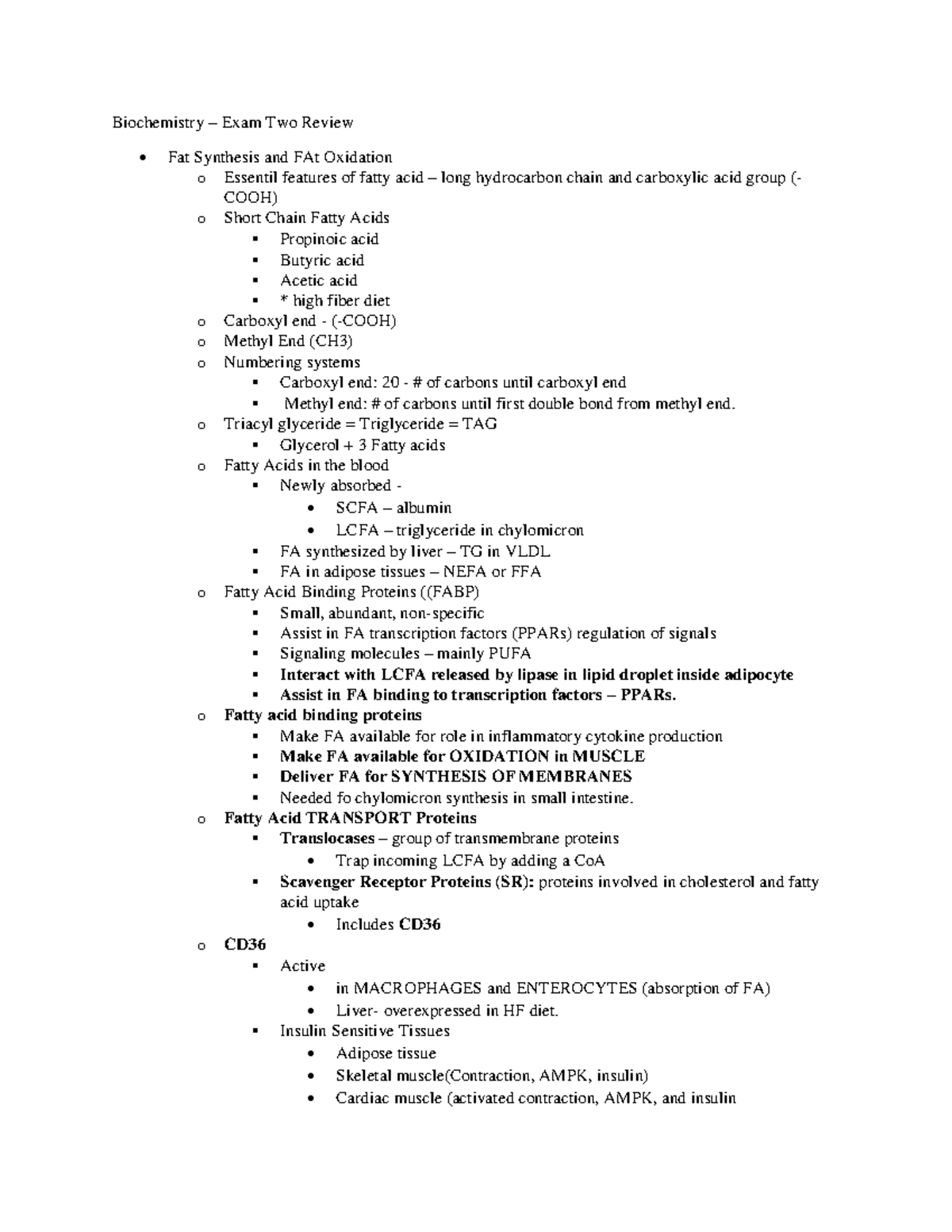 Bio Chem Exam 2 revie - Biochemistry – Exam Two Review Fat Synthesis ...