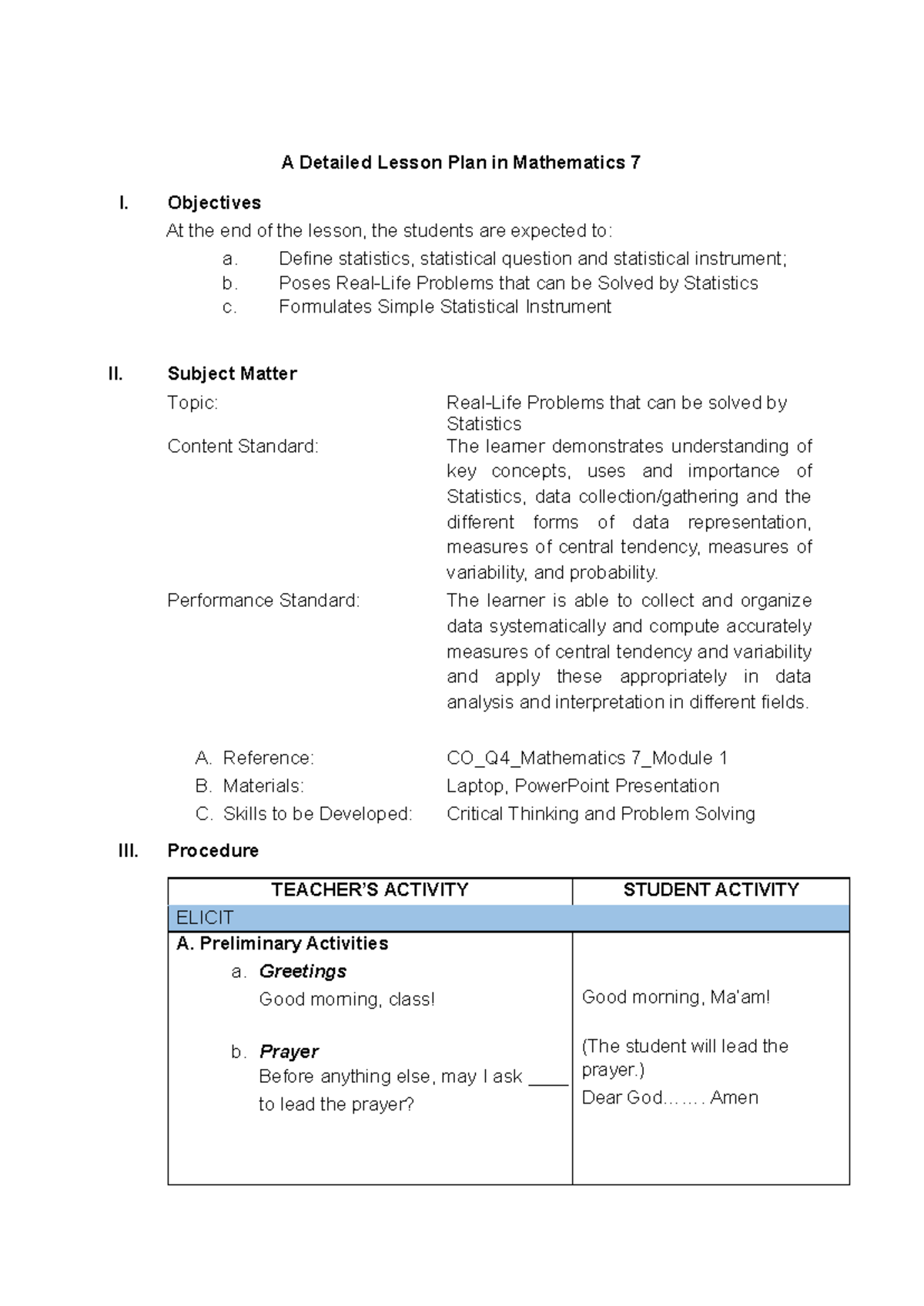 DLP 7 Q4 Week 1 - A Detailed Lesson Plan in Mathematics 7 I. Objectives ...