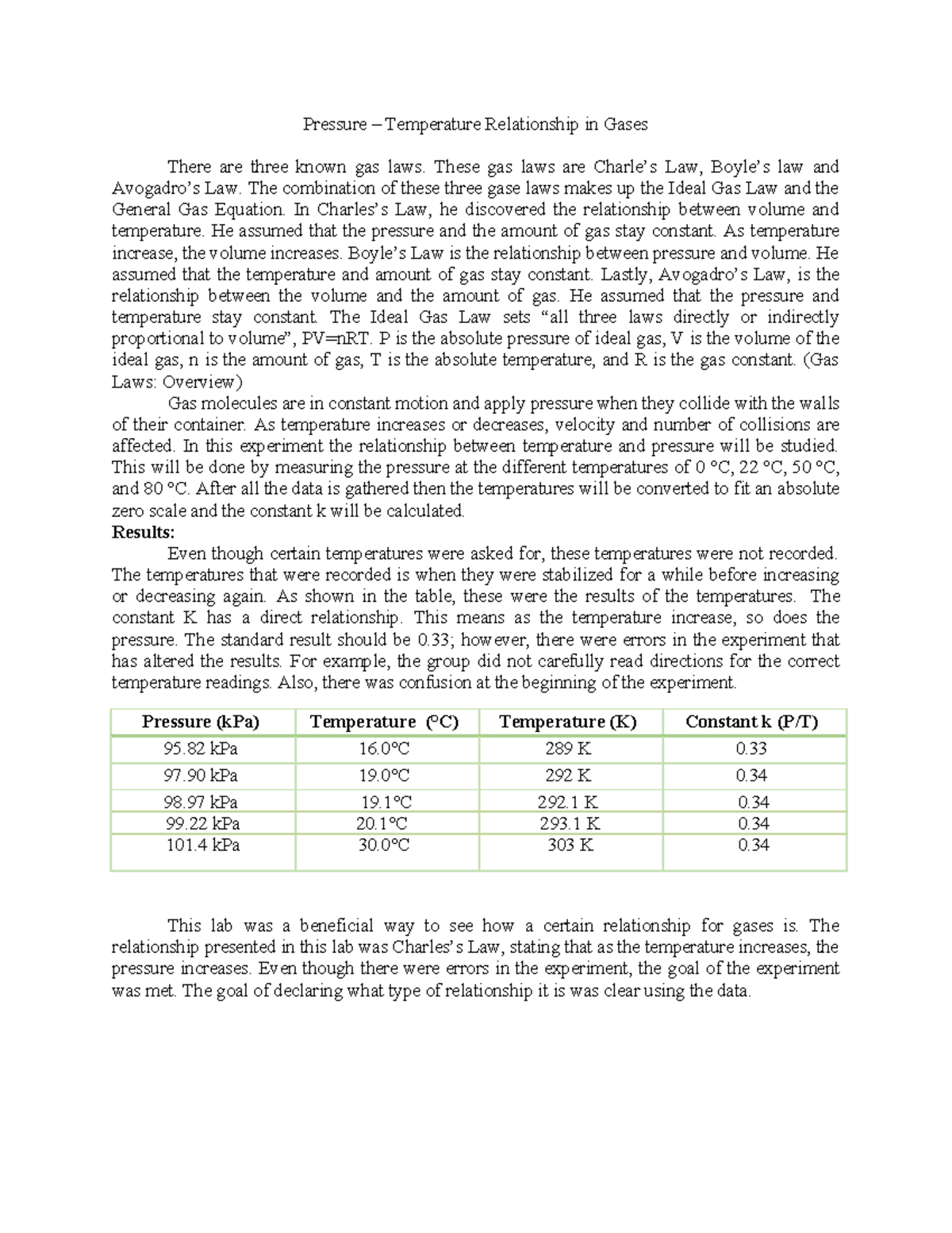 Pressure- Temperature Relationship IN Gases LAB - Pressure Temperature ...