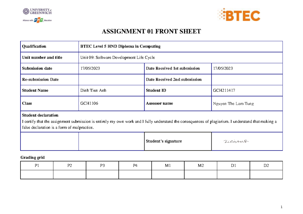 1631 ASM1 GCH211417 Dinh Tien Anh GCH1106 - ASSIGNMENT 01 FRONT SHEET ...