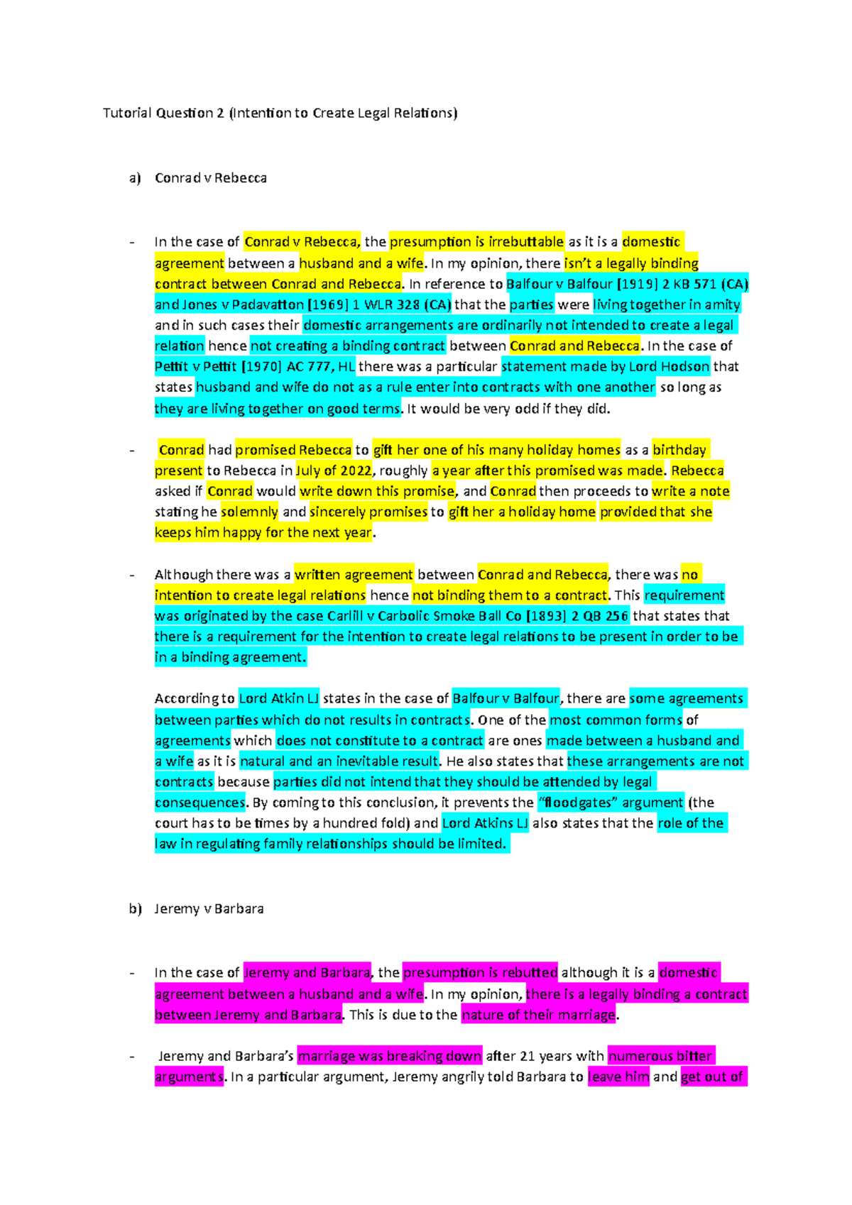 Tutorial 2 Contract Law Tutorial Question 2 Intention To Create