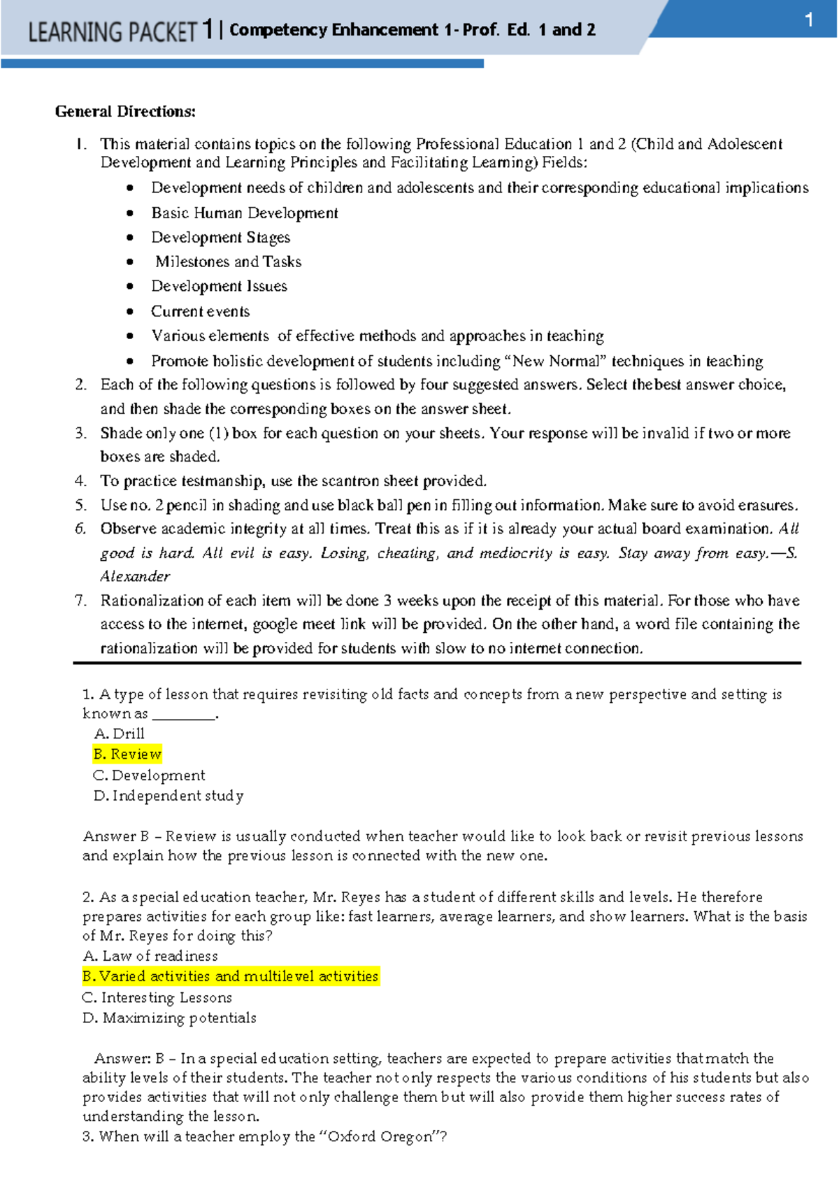 Prof - just a copy - 1 | Competency Enhancement 1- Prof. Ed. 1 and 2 ...