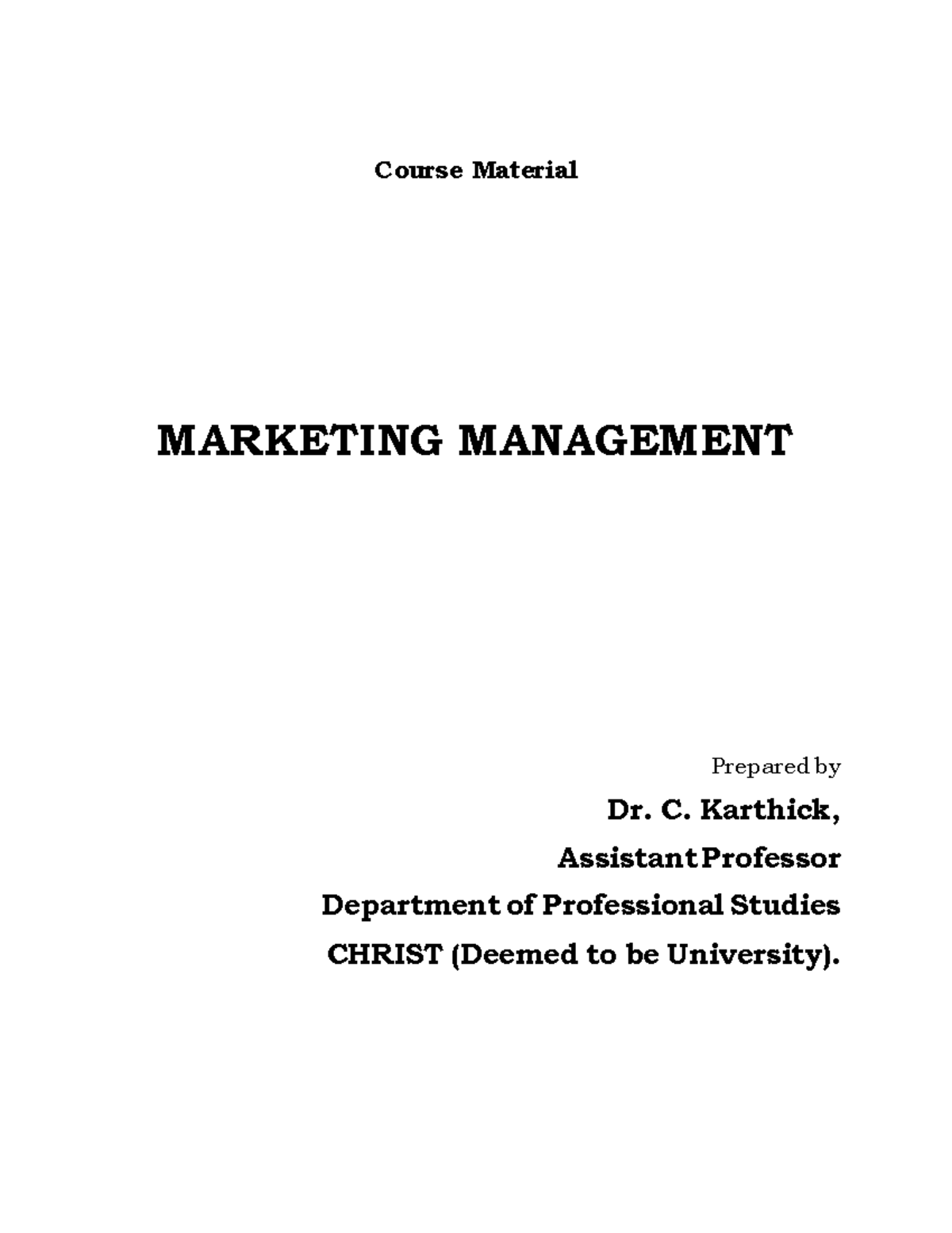 MM - Unit 1. PDF - Unit 1 Notes - Course Material MARKETING MANAGEMENT ...