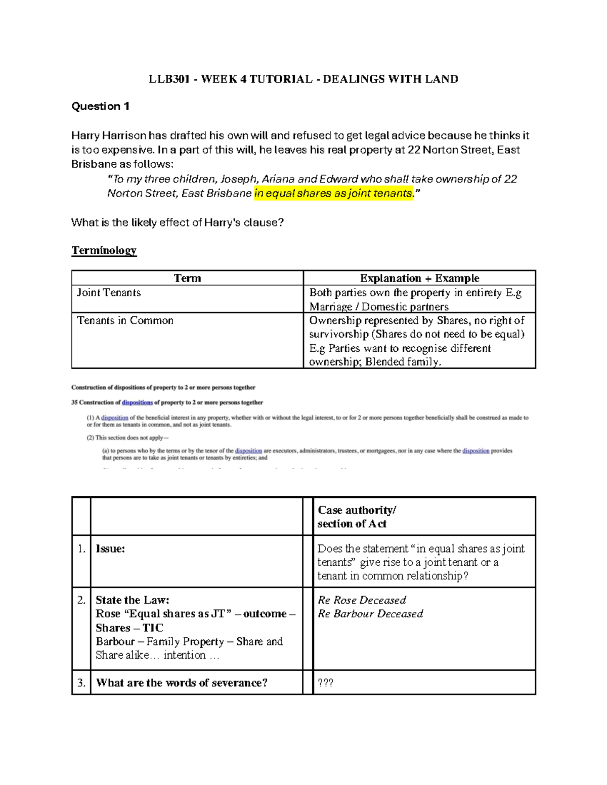 Tutorial 3 Worksheet - LLB301 - WEEK 4 TUTORIAL - DEALINGS WITH LAND Question 1 Harry Harrison ...