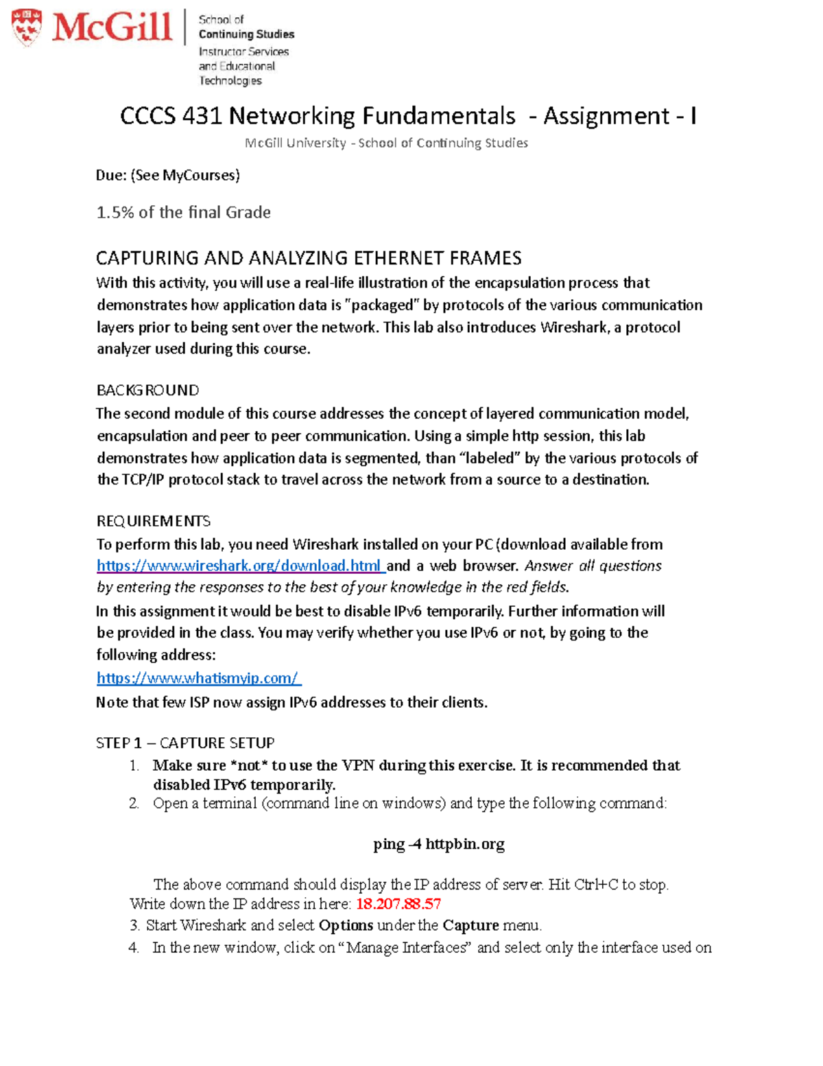 Cccs431 - Assignment 1 - Wireshark - CCCS 431 Networking Fundamentals - Assignment - I McGill ...