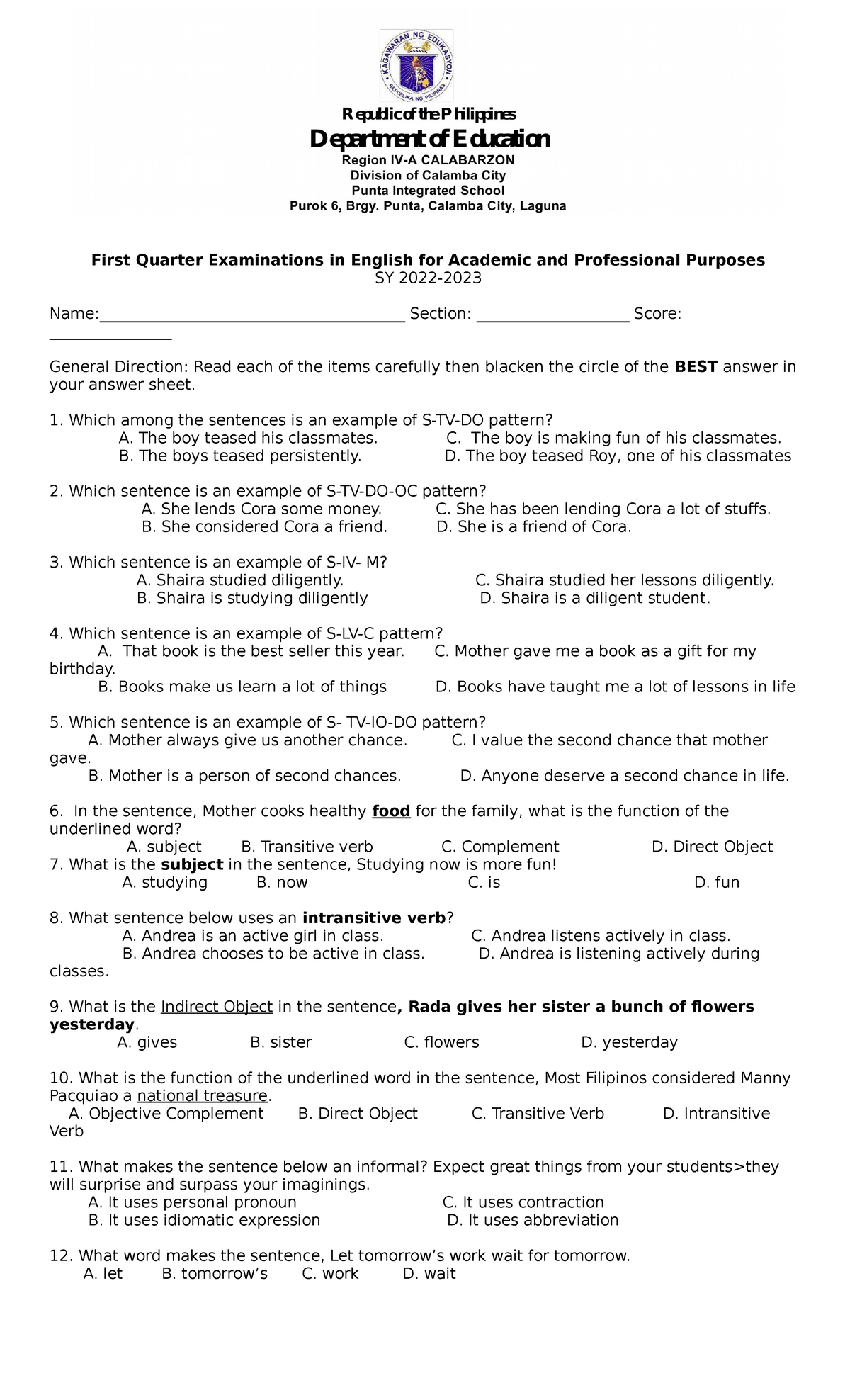 First Quarter Examinations in English for Academic and Professional ...
