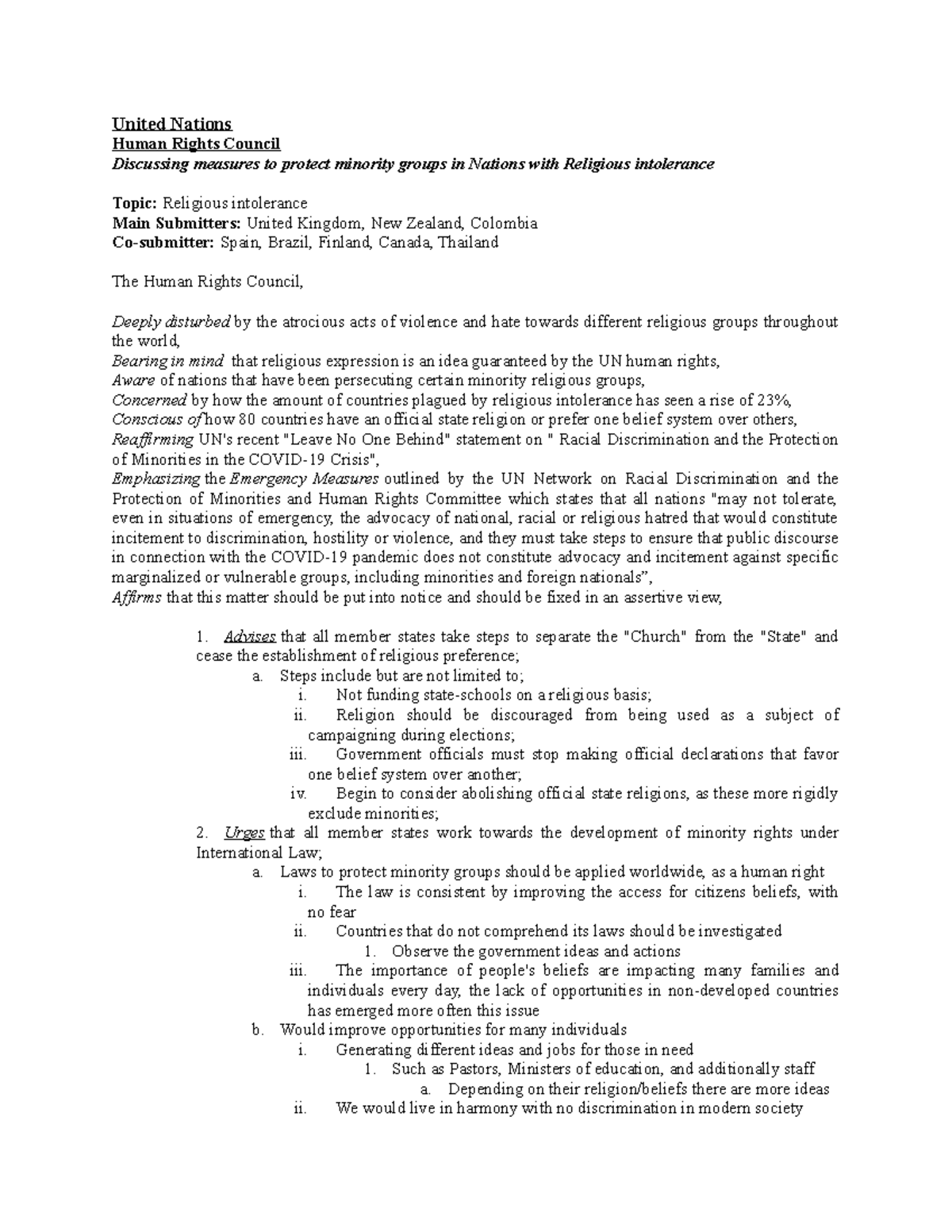 Sample resolution 1 - United Nations Human Rights Council Discussing ...