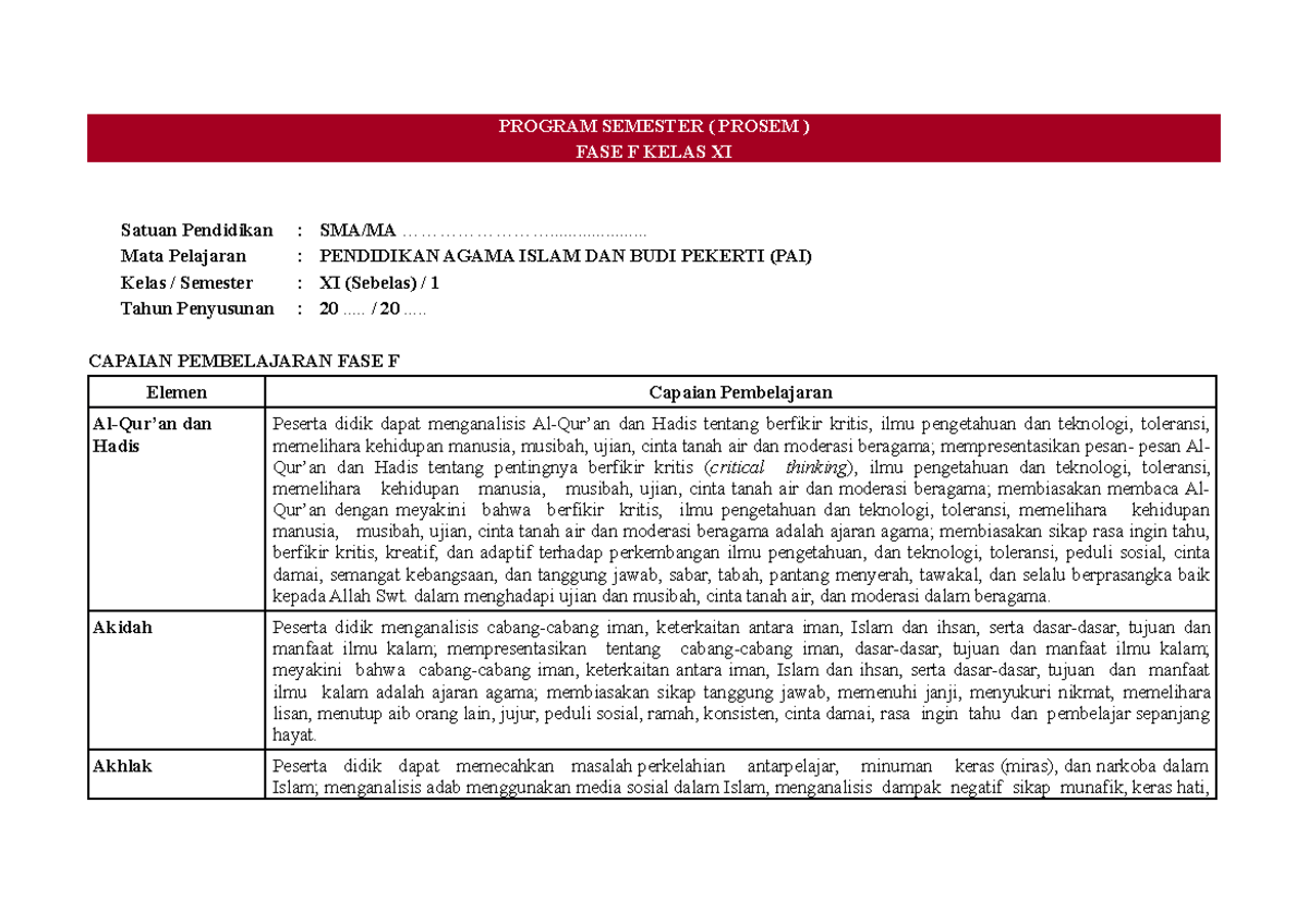 Prosem - PA Islam 11 - Contoh prota - PROGRAM SEMESTER ( PROSEM ) FASE ...