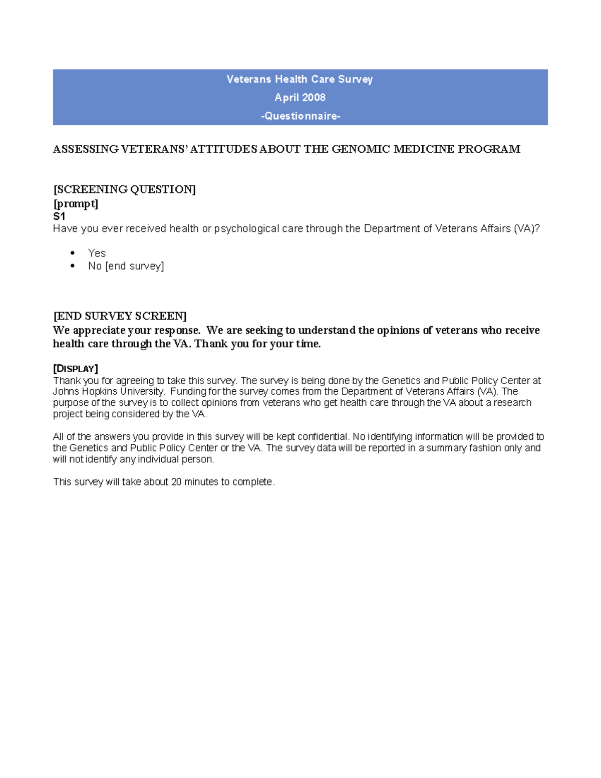 Gim 11 5 kaufman 2004 98 sdc1 - Veterans Health Care Survey April 2008 ...