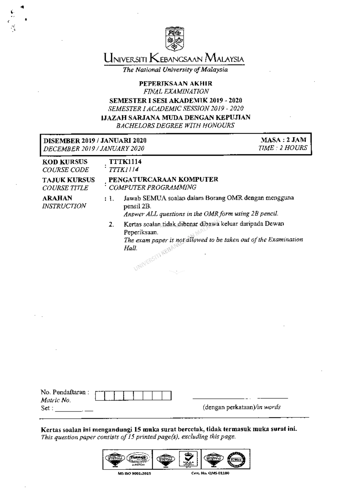 PYQ2019 2020 - TTTK1114 - ct ^ I UNIVEKsITI KEBANGSAAN MALAYSIA The National University of ...