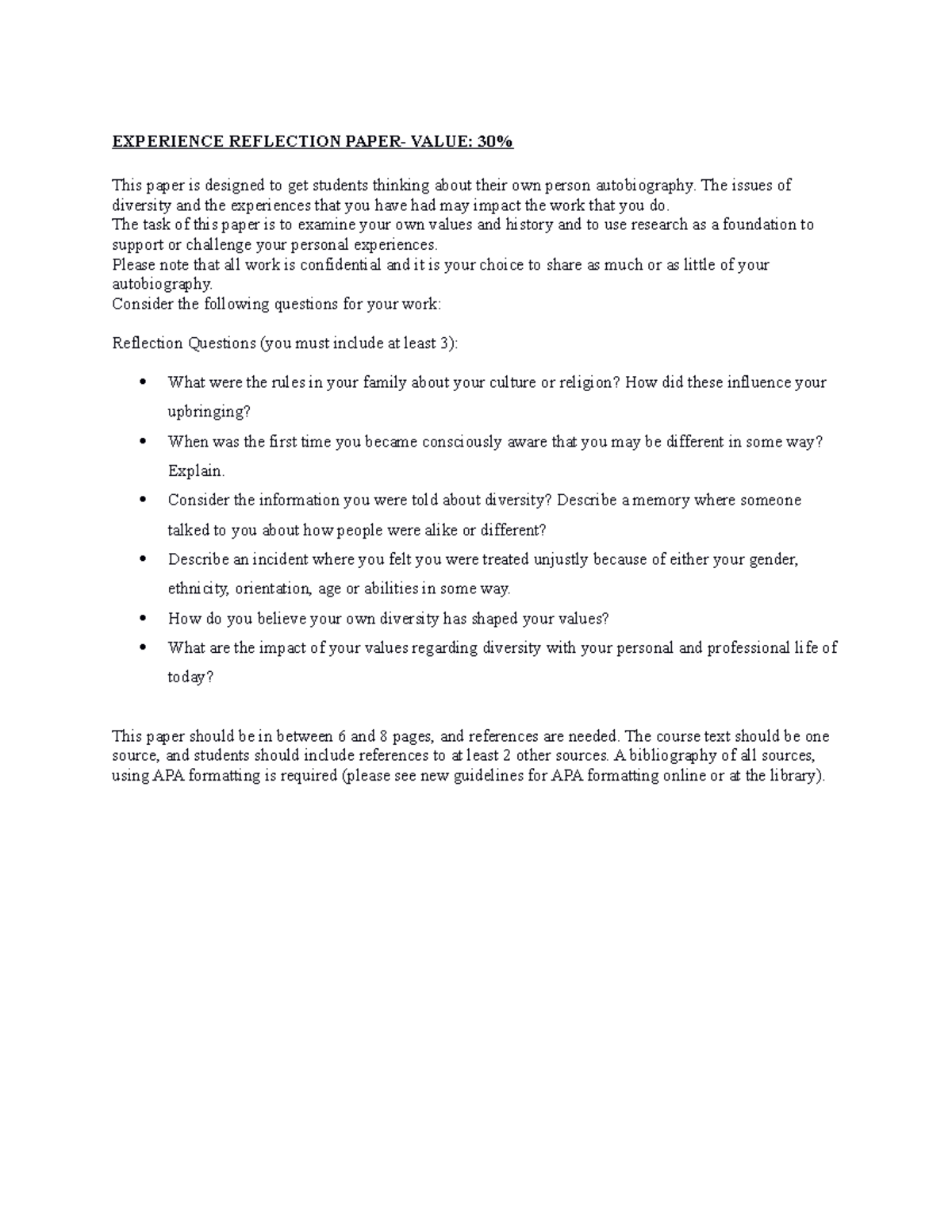 Reflection Paper - 1 assignment - EXPERIENCE REFLECTION PAPER- VALUE ...
