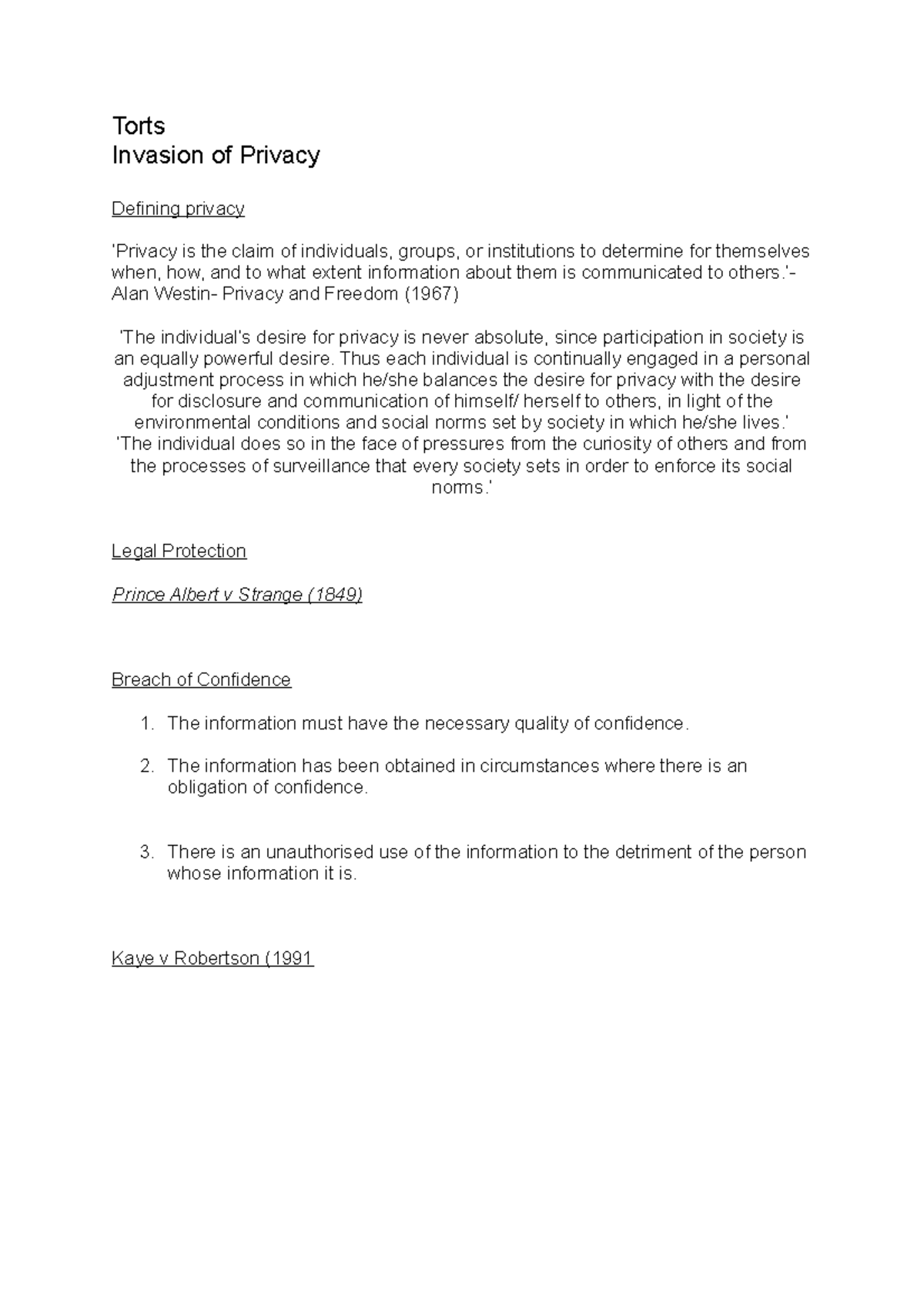 Torts Invasion of Privacy - Studocu