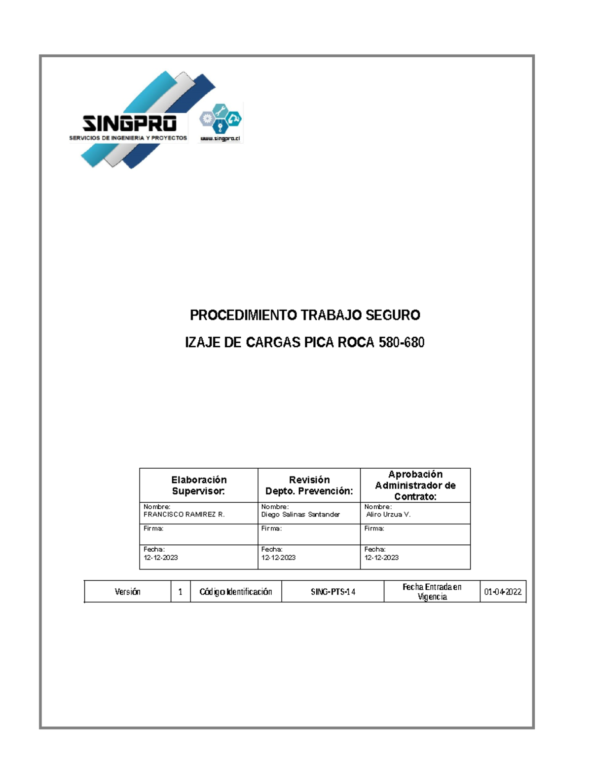 PTS-14 Procedimiento Maniobras de Izaje Singpro 2024 - IZAJE DE CARGAS ...