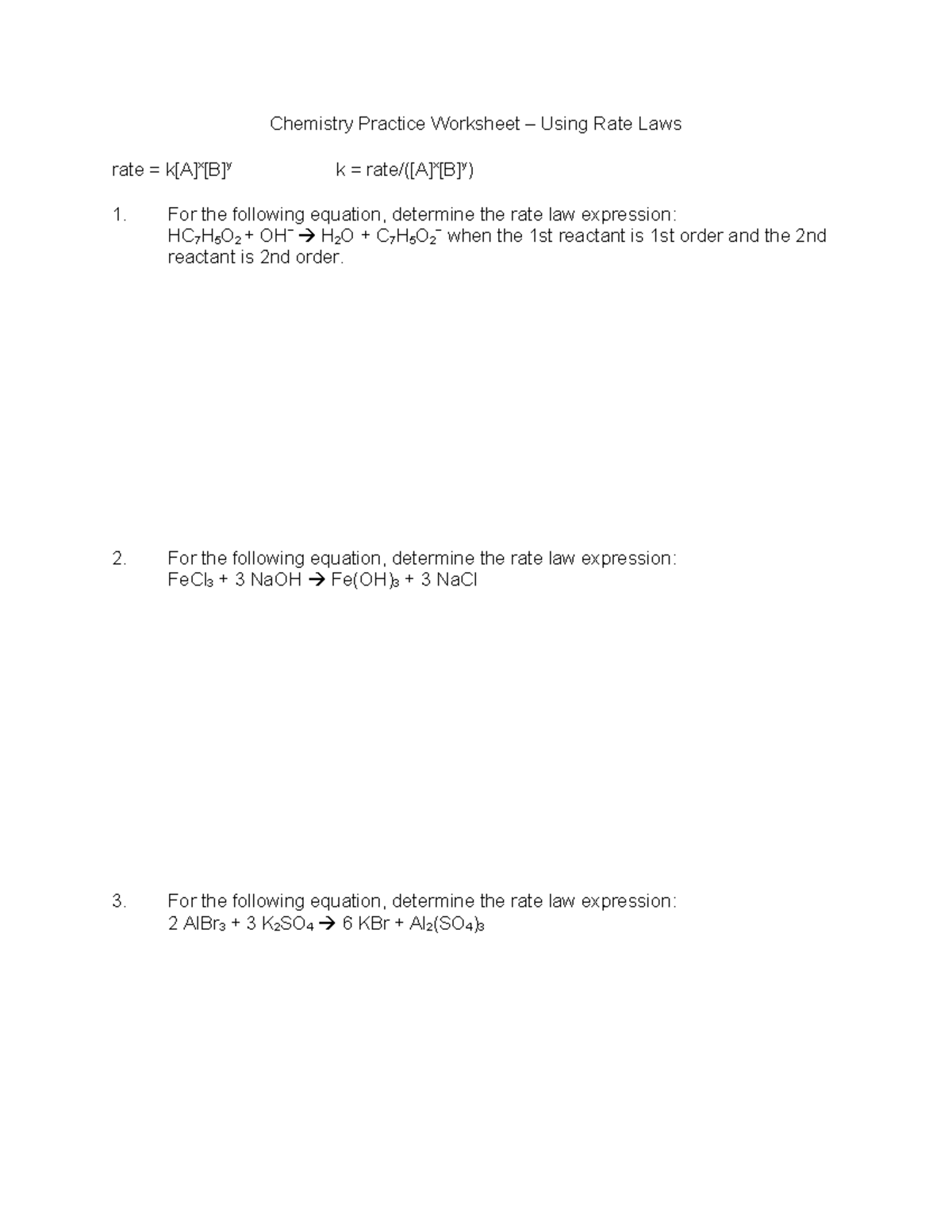 01WS - Rate Laws1 - rate laws activity - Chemistry Practice Worksheet ...