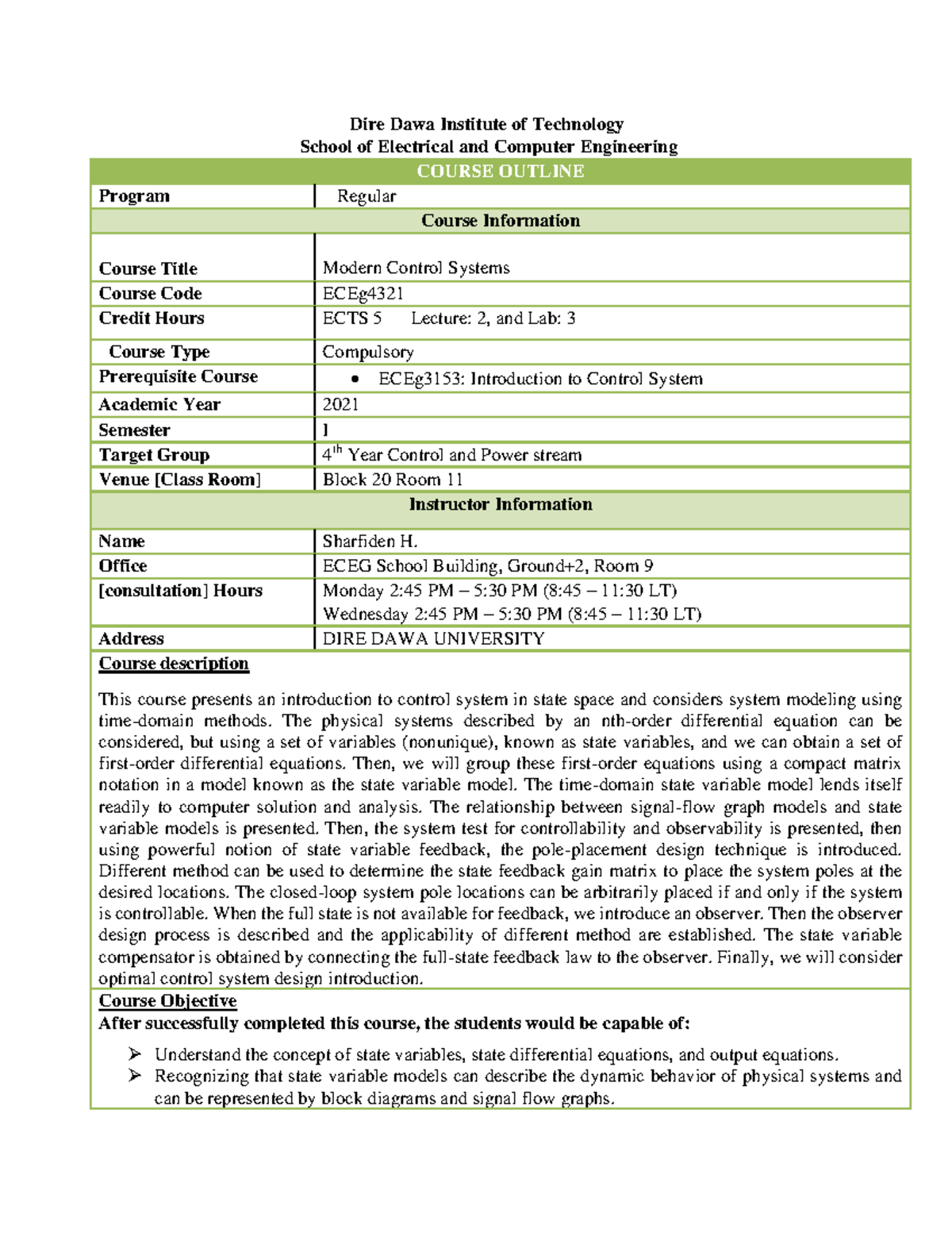 Modern Control Course outline for Dire Dawa University based on the ...