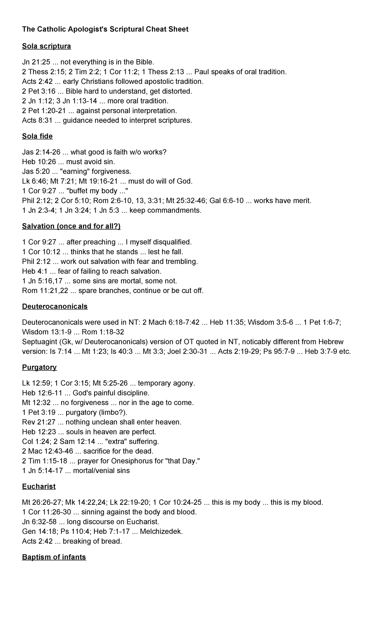 The Catholic Apologist's Scriptural Cheat Sheet - .. not everything is ...