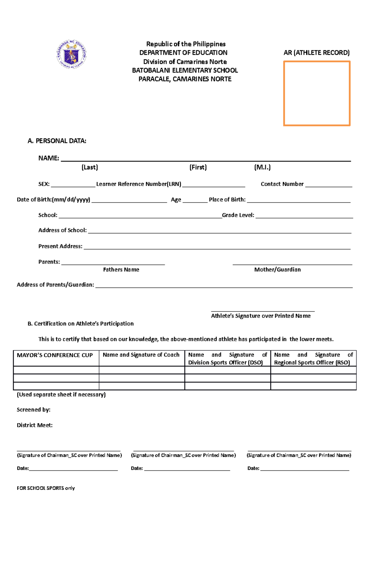 Athletes-record-sports - Republic of the Philippines DEPARTMENT OF ...