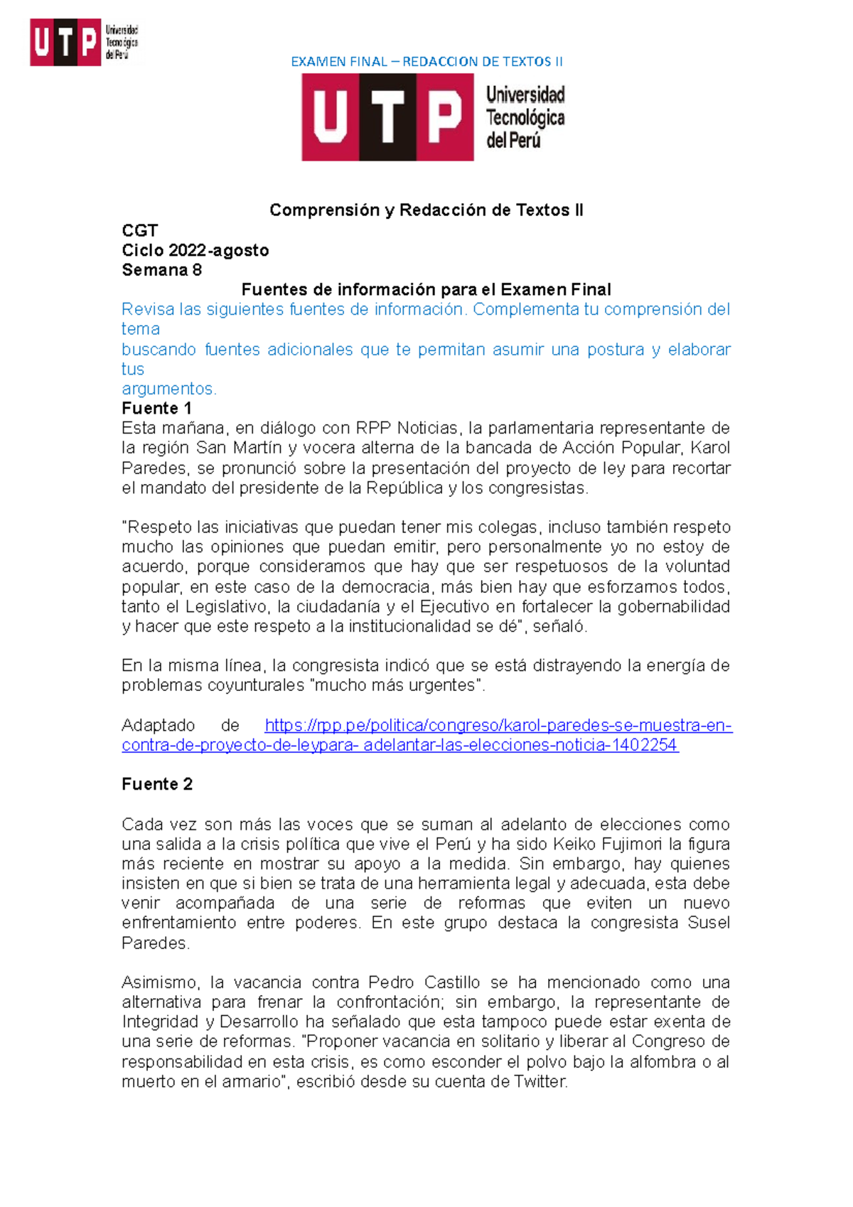 Examen Final Redaccion DE Textos II- Comprensión y Redacción de Textos II CGT Ciclo 2022-agosto ...